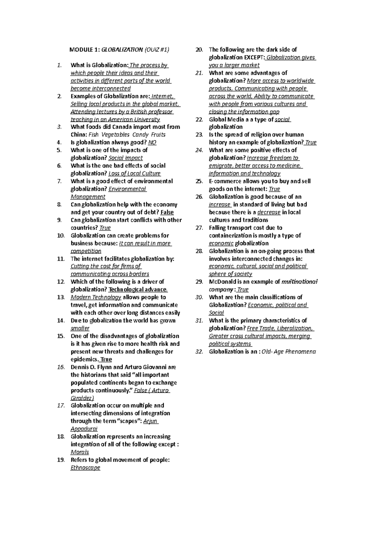 QUIZ 1 (Globalization) - MODULE 1: GLOBALIZATION (OUIZ #1) What is ...