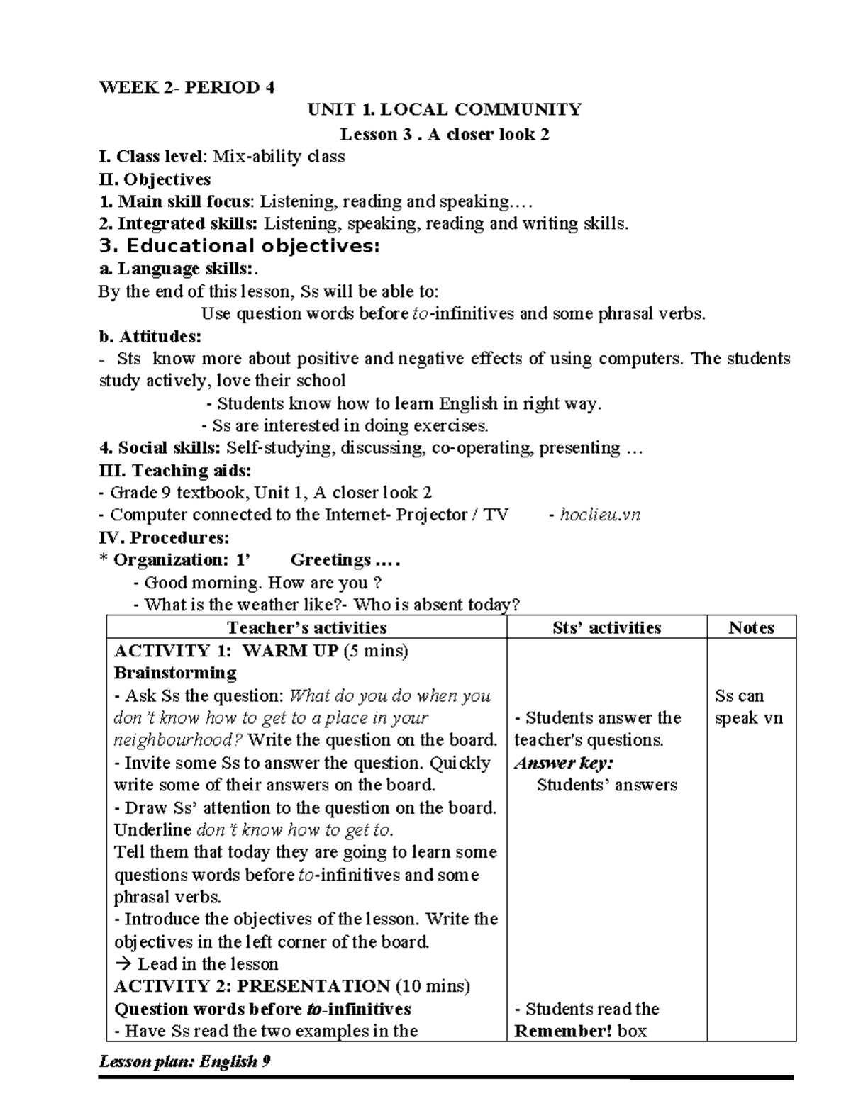 WEEK 2 UNIT 1. LOCAL COMMUNITY Lesson Plans for English 9 - Studocu