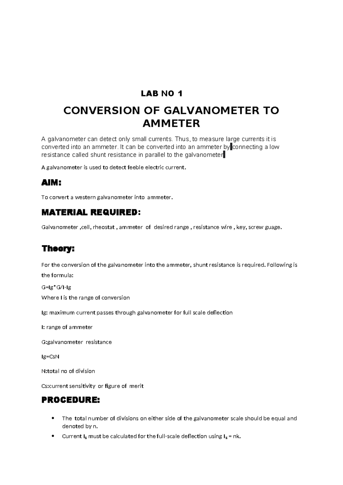 Physics Lab Practical - Converting Galvanometer to Ammeter (Lab No. 1 ...