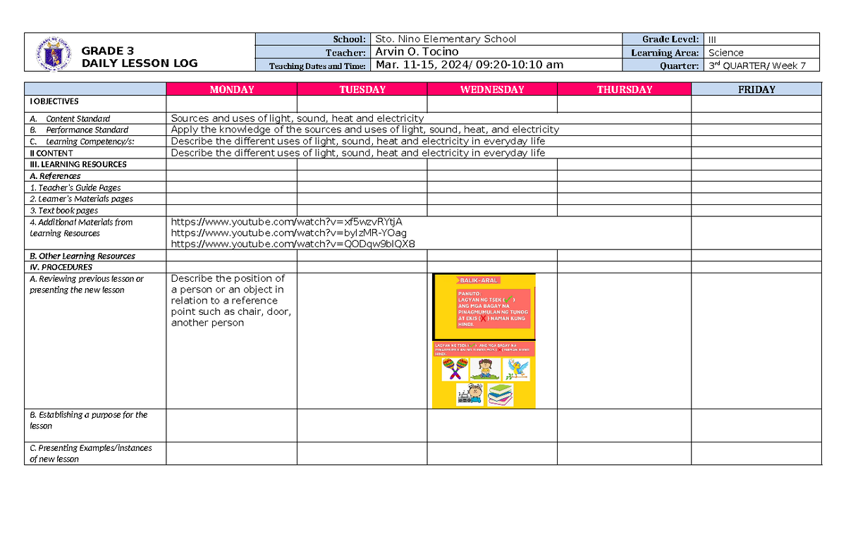 DLL Science 3 Q1 W1 - GRADE 3 DAILY LESSON LOG School: Sto. Nino ...