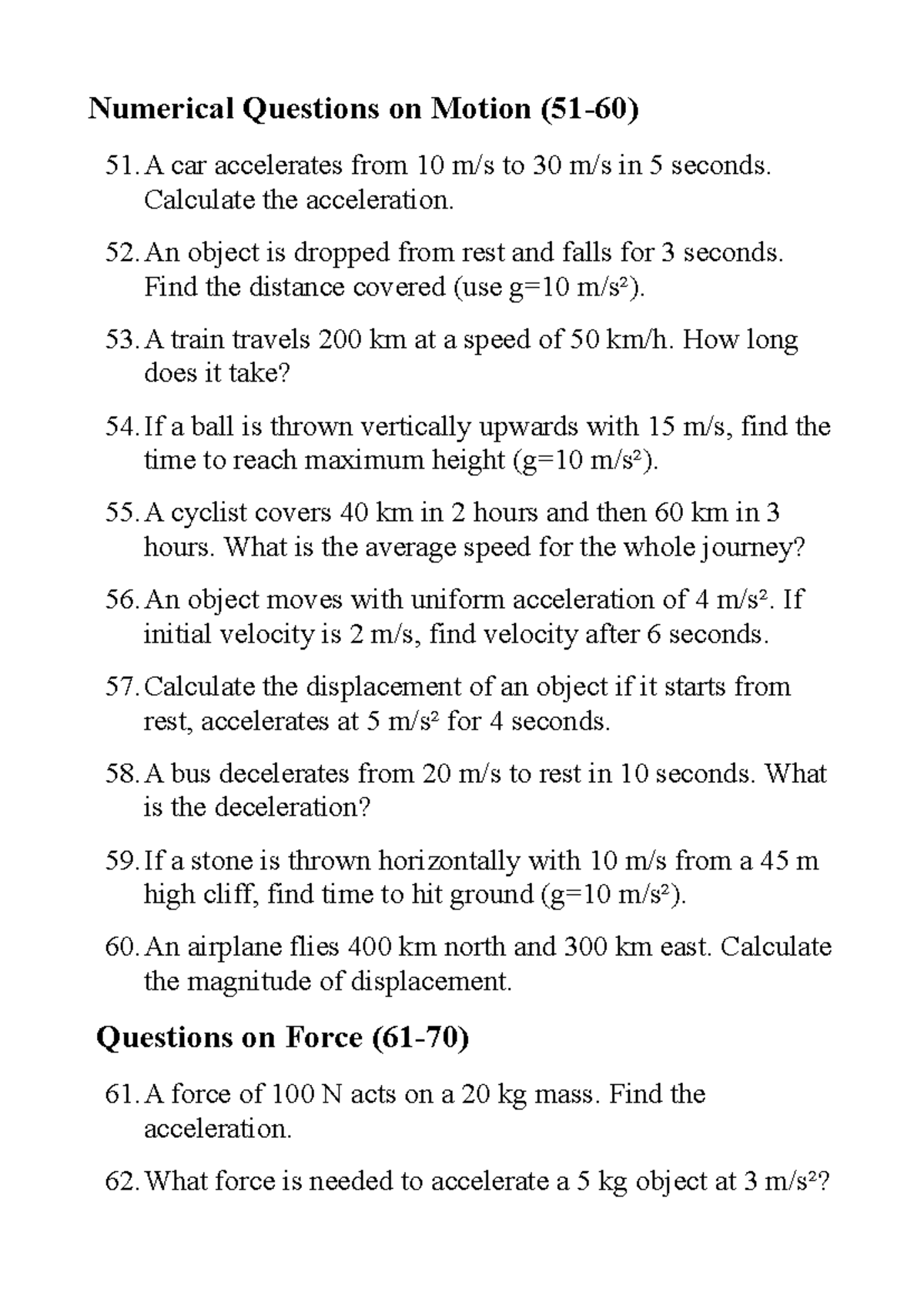 Laws of Motion -1: Numerical Questions on Motion and Forces - Studocu