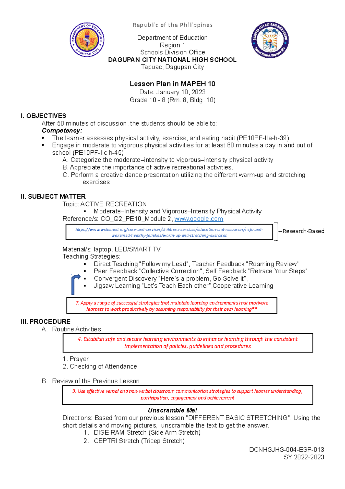 JUN LP MAPEH 10 2022-2023 - Lesson Plan on Active Recreation - Studocu