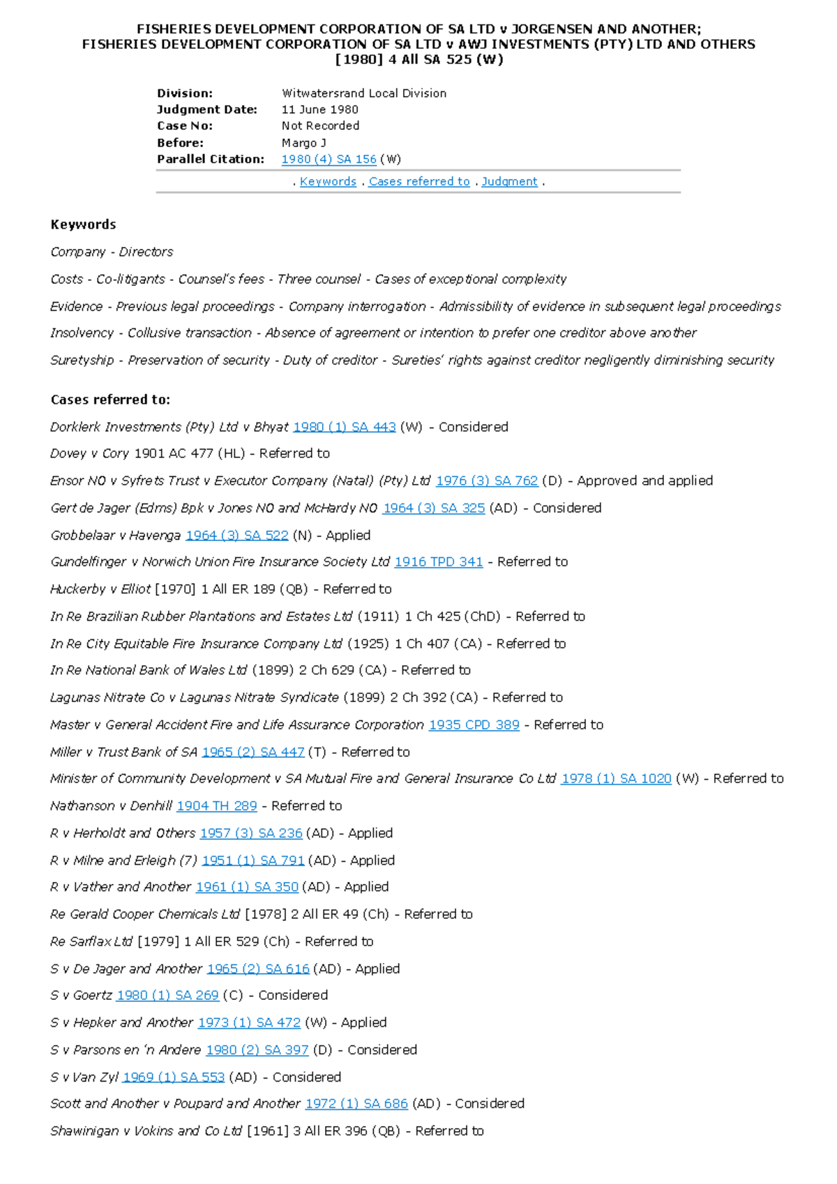 Fisheries Dev. Corp. of SA Ltd v Jorgensen & AWJ Investments: Case ...