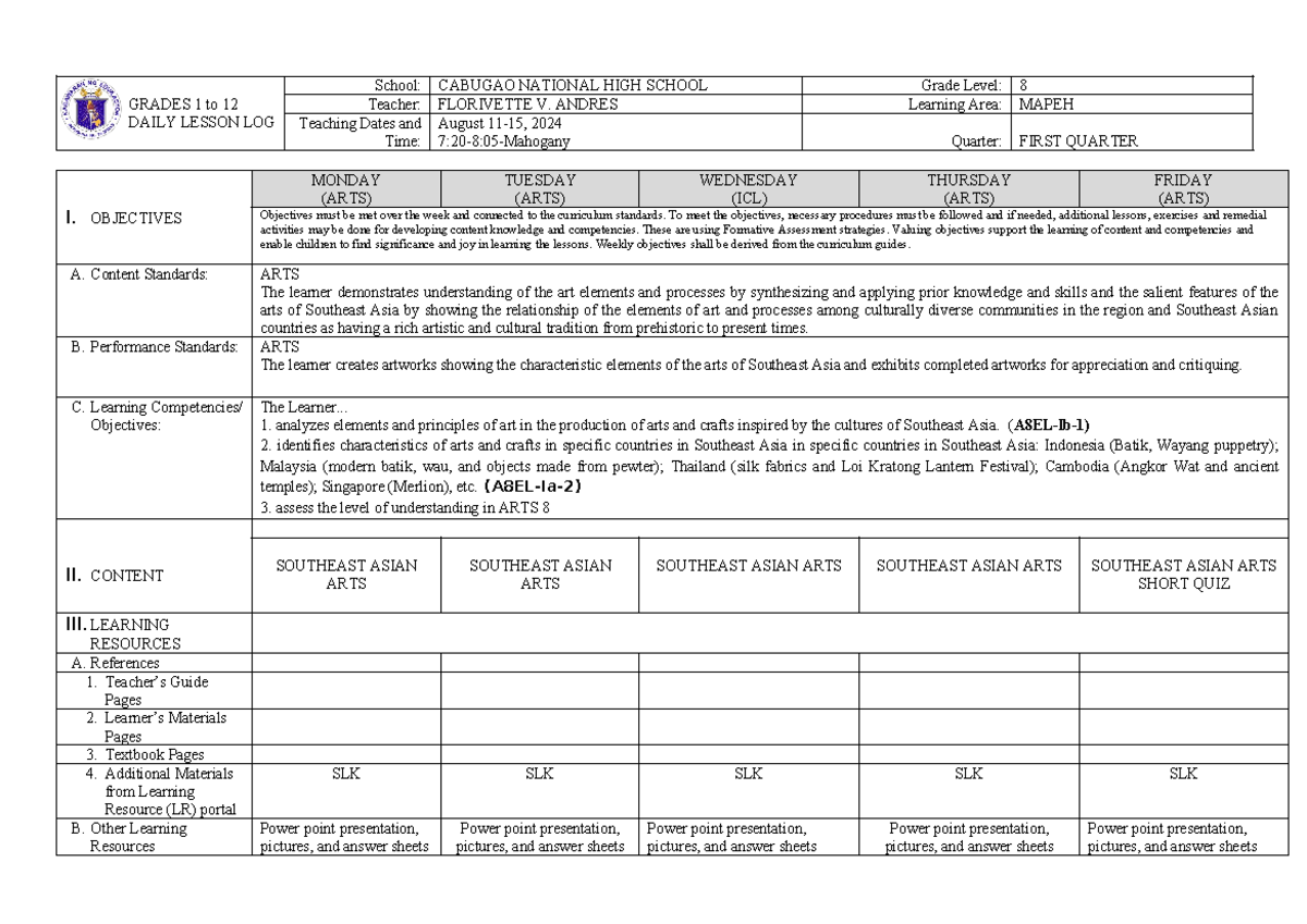 DLL Quarter 1 Mapeh 8 ARTS WEEK 2 - GRADES 1 to 12 DAILY LESSON LOG ...