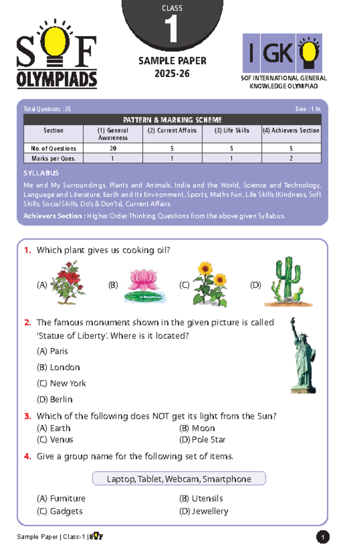 IGKO Class 1 Sample Paper 2025-26: General Knowledge Test - Studocu