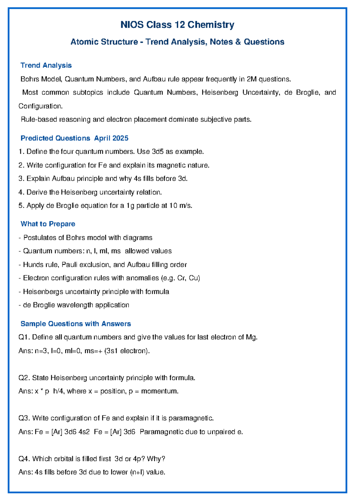 NIOS Class 12 Chemistry Atomic Structure Trend Analysis Notes - Studocu