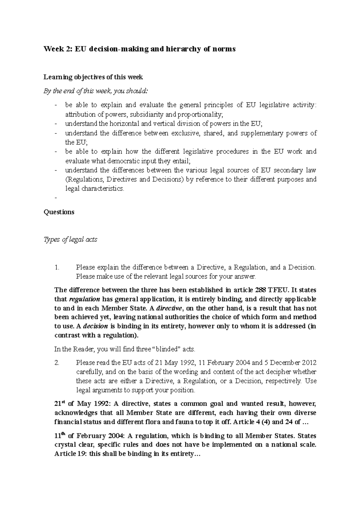 Week 2 Tutorial questions - Week 2: EU decision-making and hierarchy of ...