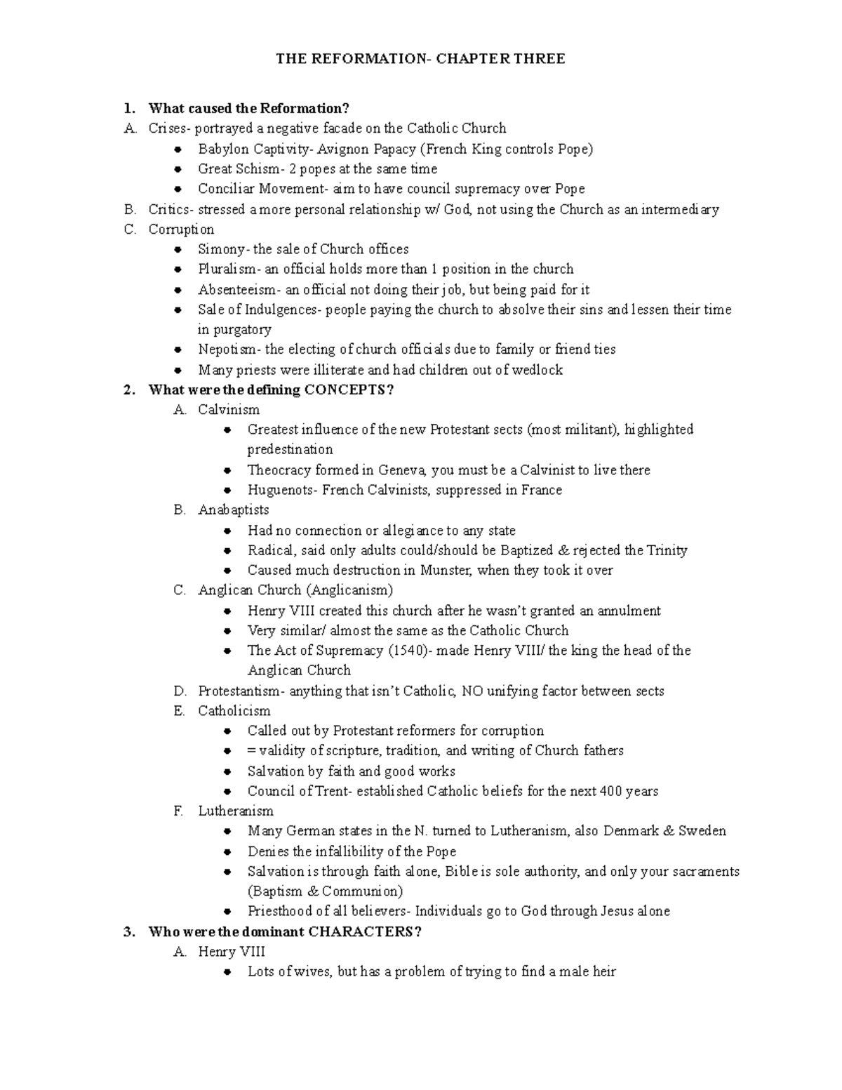 AP EURO Outline - The Reformation Summary (Chapter 3) - Studocu