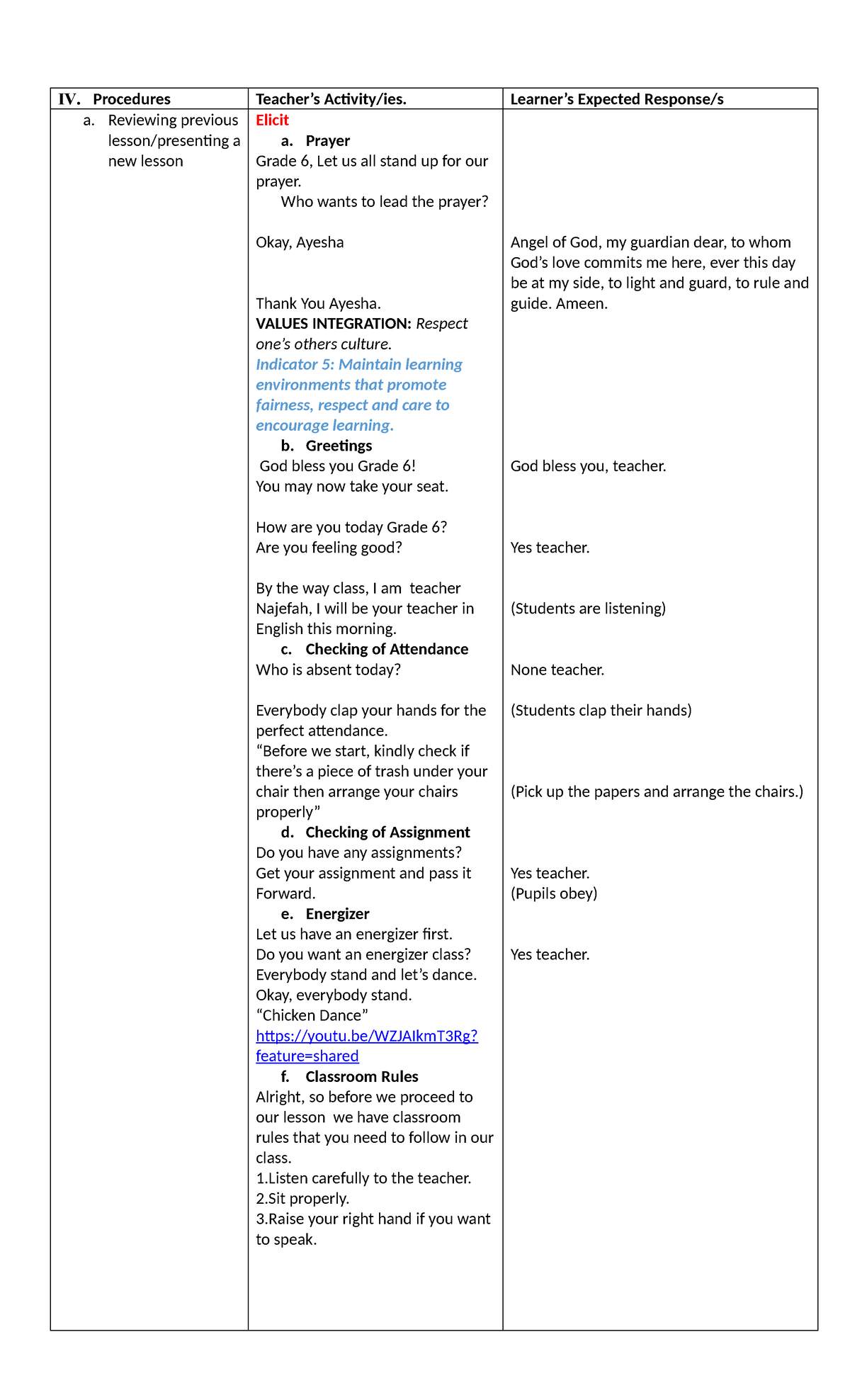 English 6 - lesson - IV. Procedures Teacher’s Activity/ies. Learner’s ...