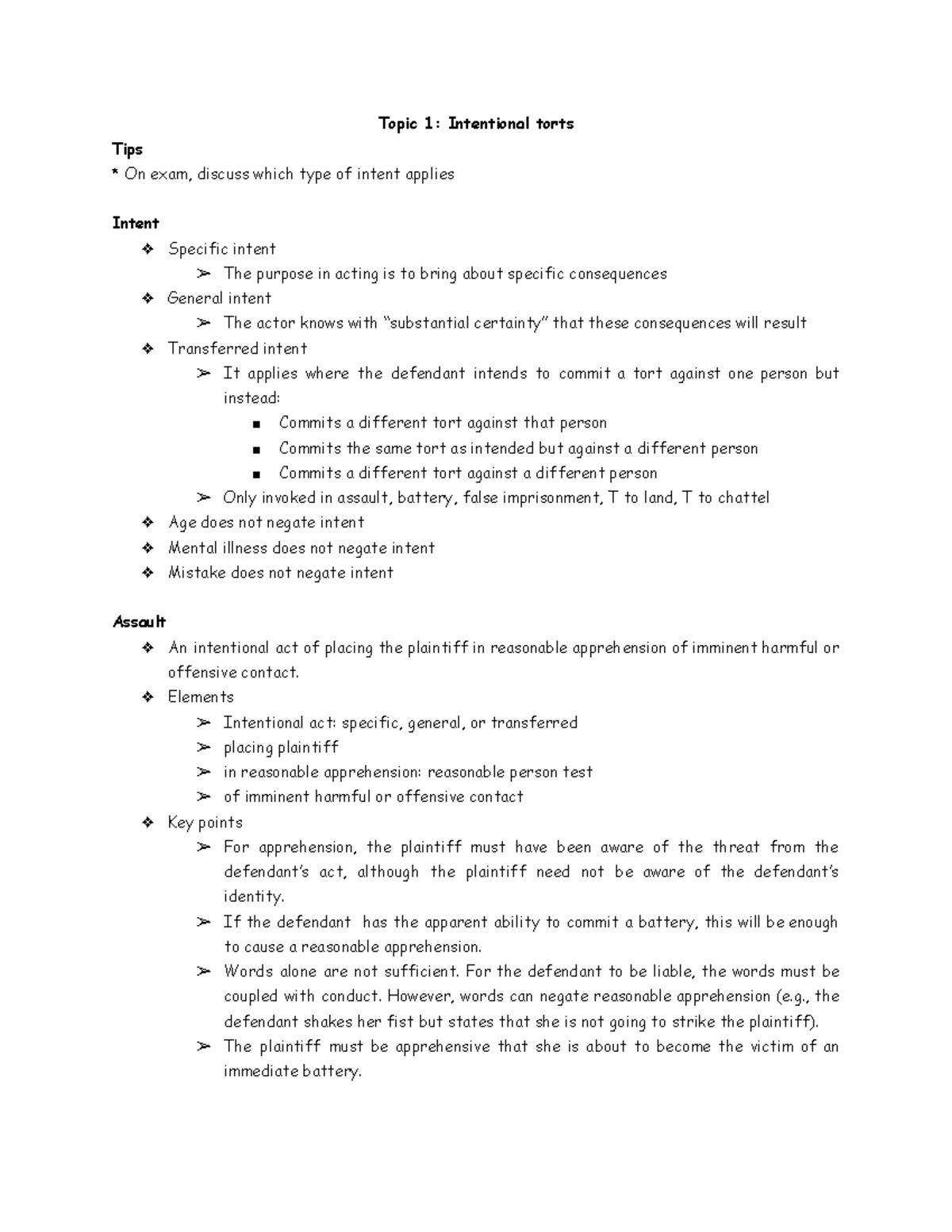 Torts Outline -2: Intentional Torts & Defenses Overview - Studocu