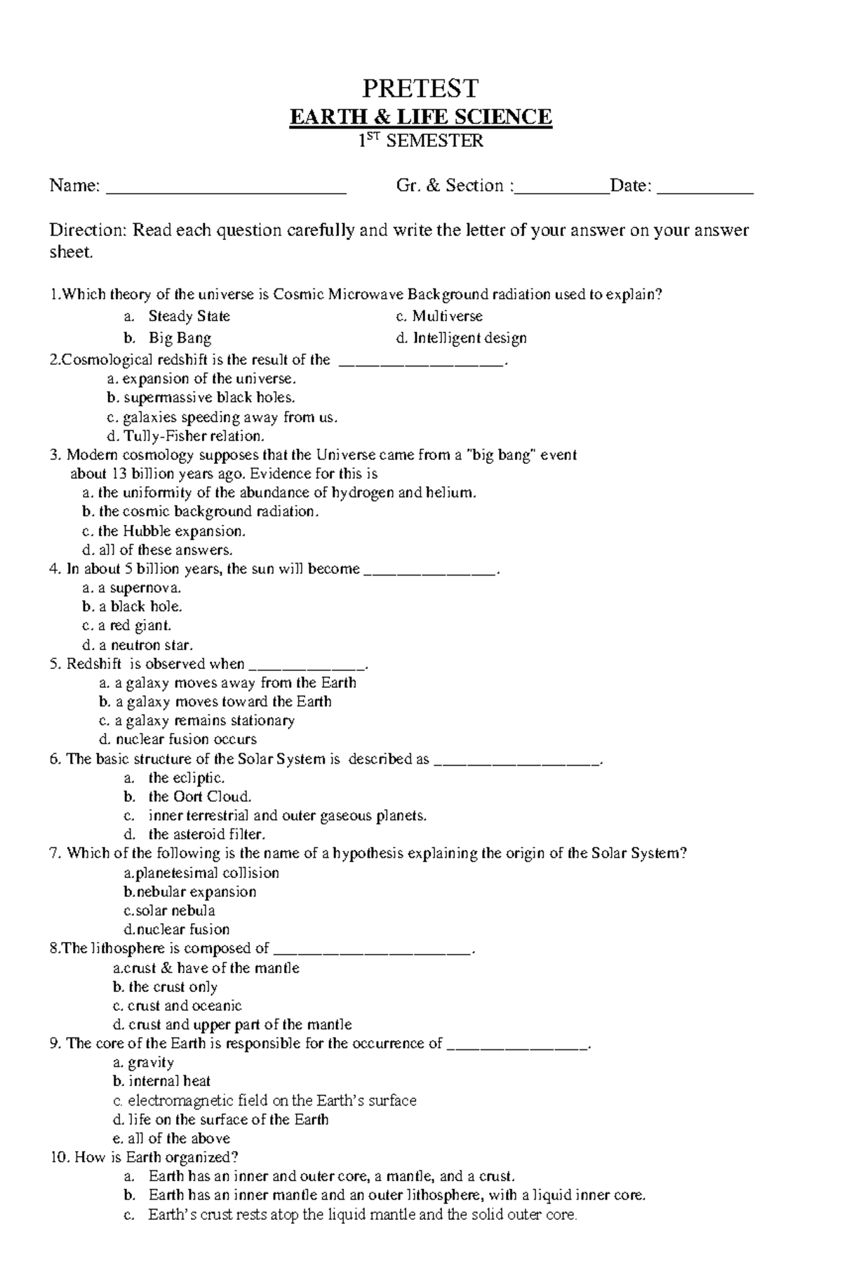 Pretest Earth & Life Science - PRETEST EARTH & LIFE SCIENCE 1 ST ...