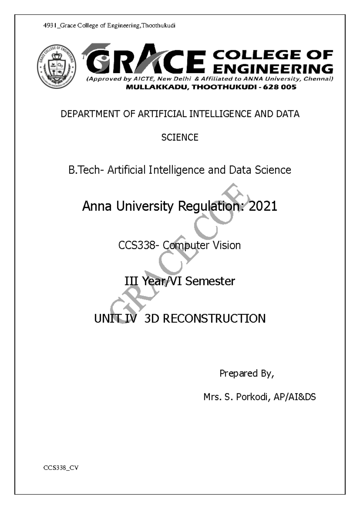 CCS338_CV 3D Reconstruction Lecture Notes - AI & Data Science - Studocu