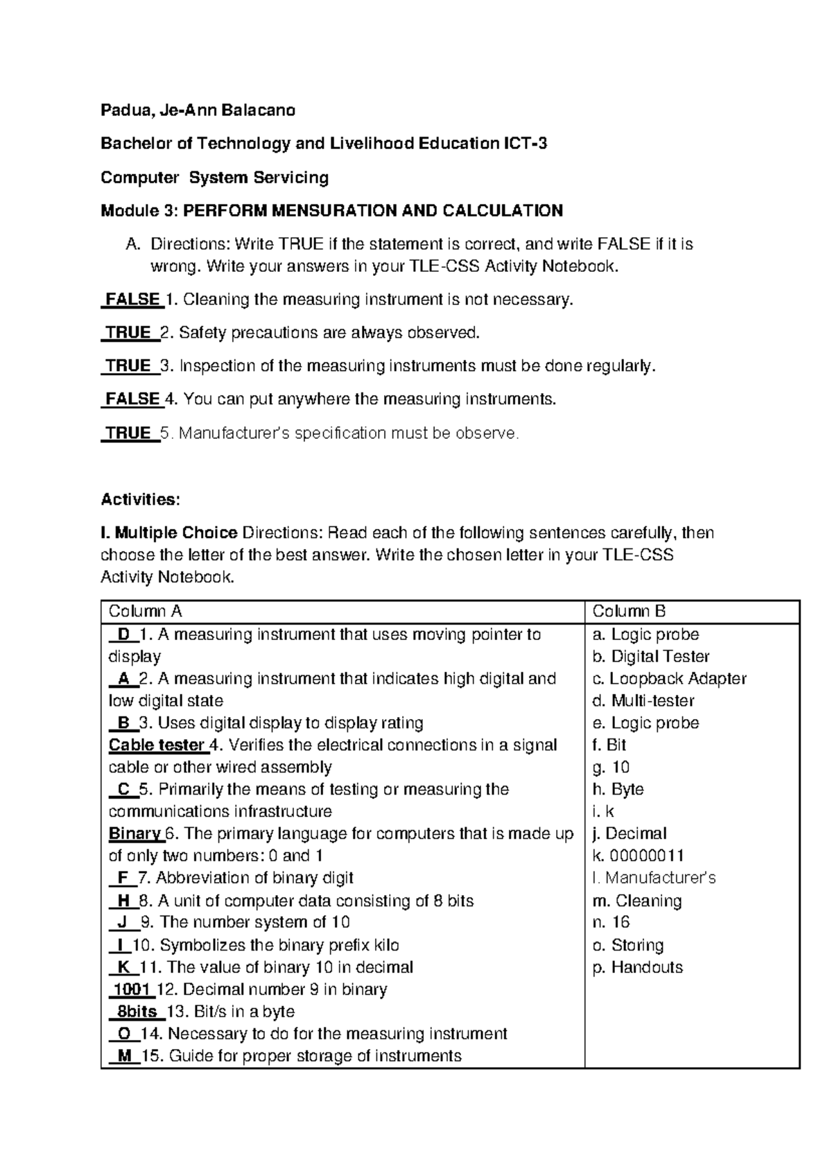 Padua Je-Ann - Directions: Write TRUE if the statement is correct, and ...