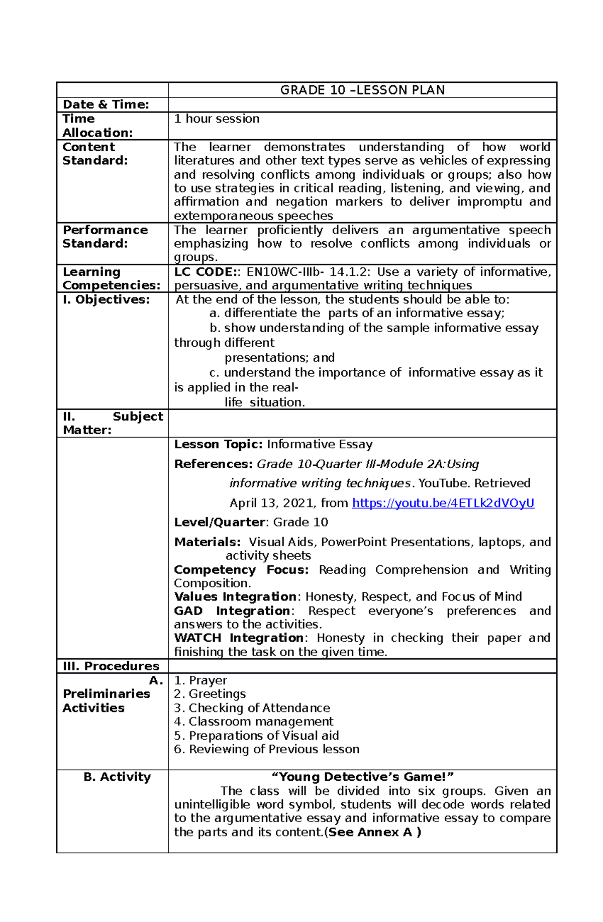 LESSON PLAN ON INFOMATIVE ESSAY-Performance Task - GRADE 10 –LESSON ...
