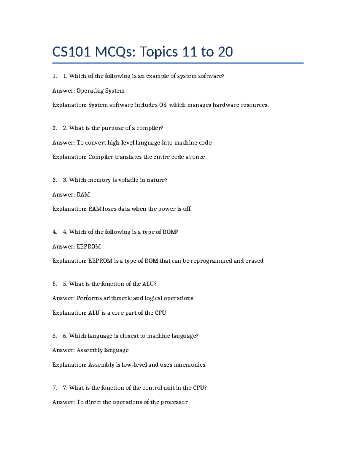 CS101 MCQs: System Software and CPU Functions (Topics 11-20) - Studocu