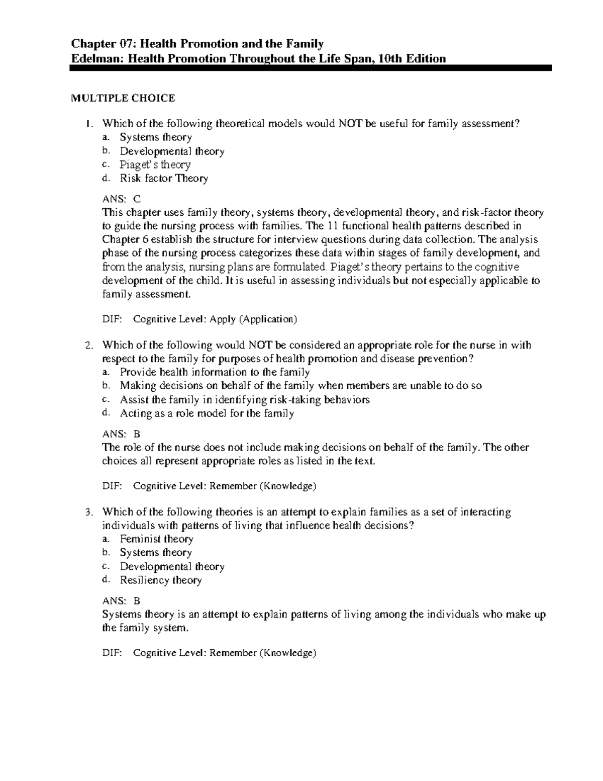 07 - CHAP 7: Family Health Promotion Theories and Nursing Roles - Studocu