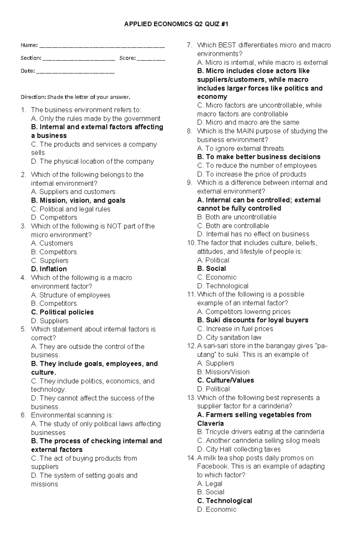 APPLIED ECONOMICS Q2 QUIZ - Questions and Answers - Studocu
