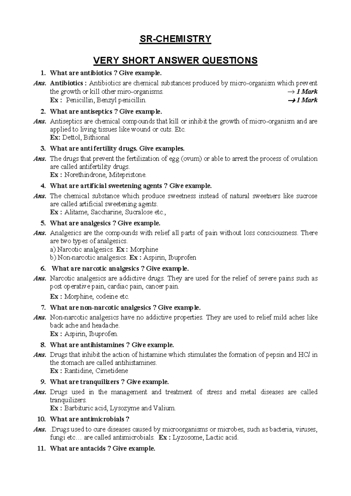 SR- Chemistry - Important questions - SR-CHEMISTRY VERY SHORT ANSWER ...