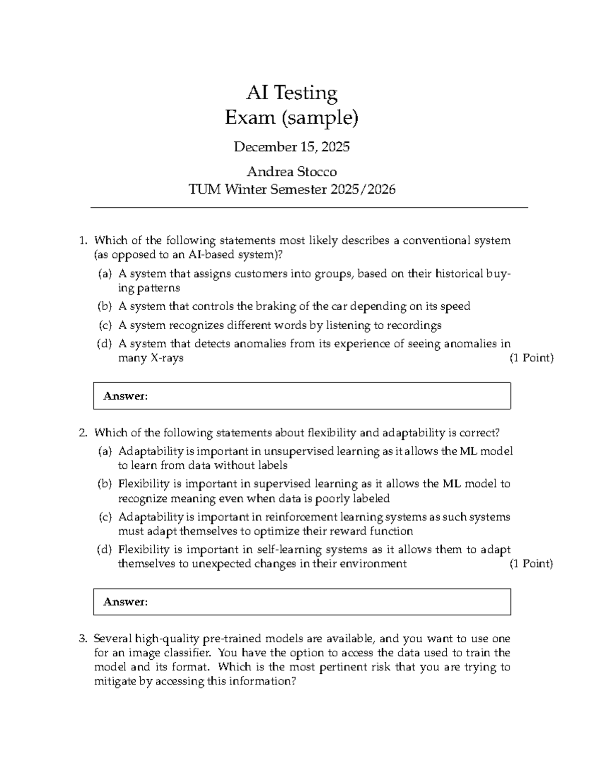 AI Testing Exam Sample - Mock Exam TUM Winter Semester 2025 - Studocu