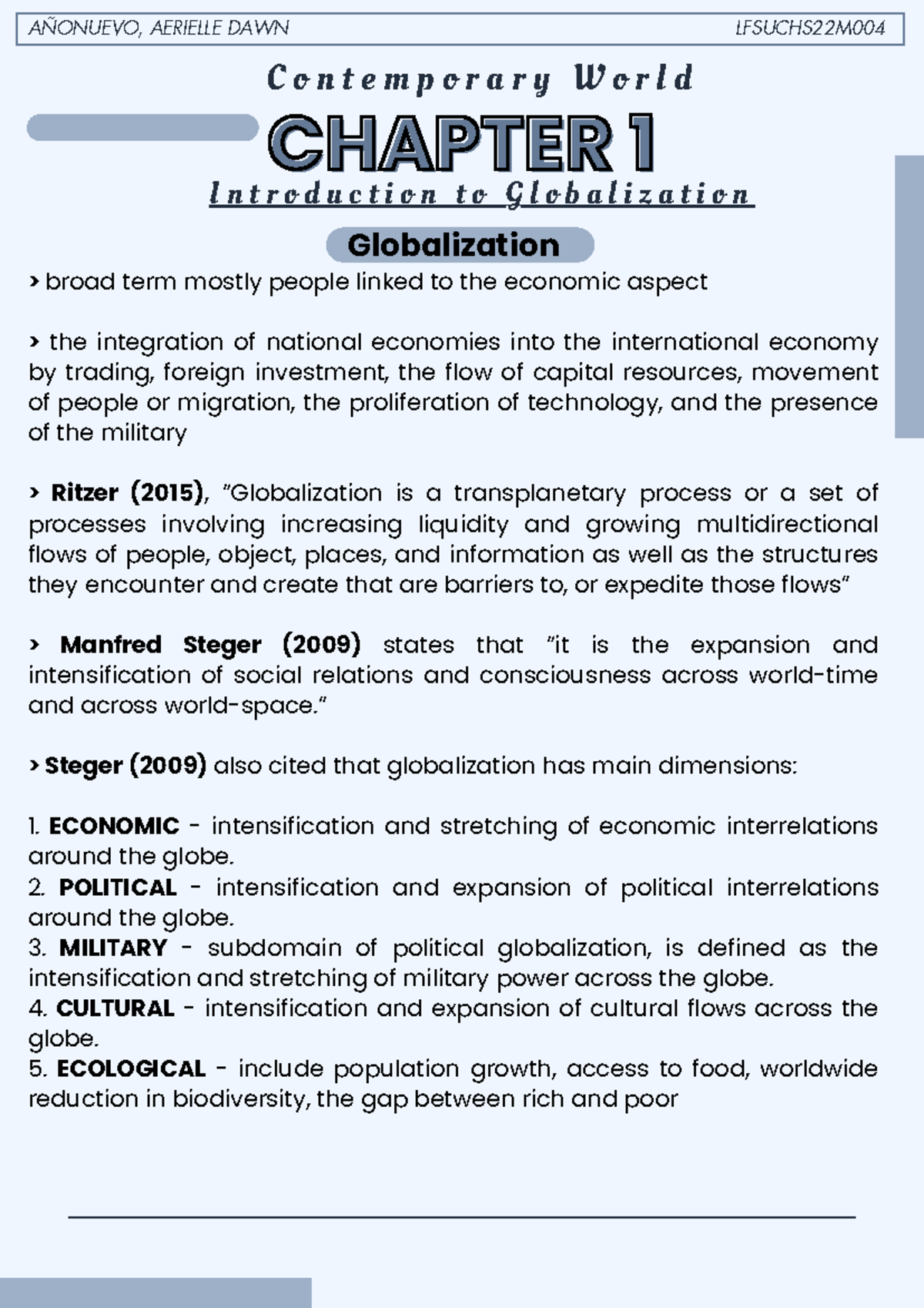 LFSUCHS22M004 Contemporary World CHAPTER 1-8 Summary on Globalization ...