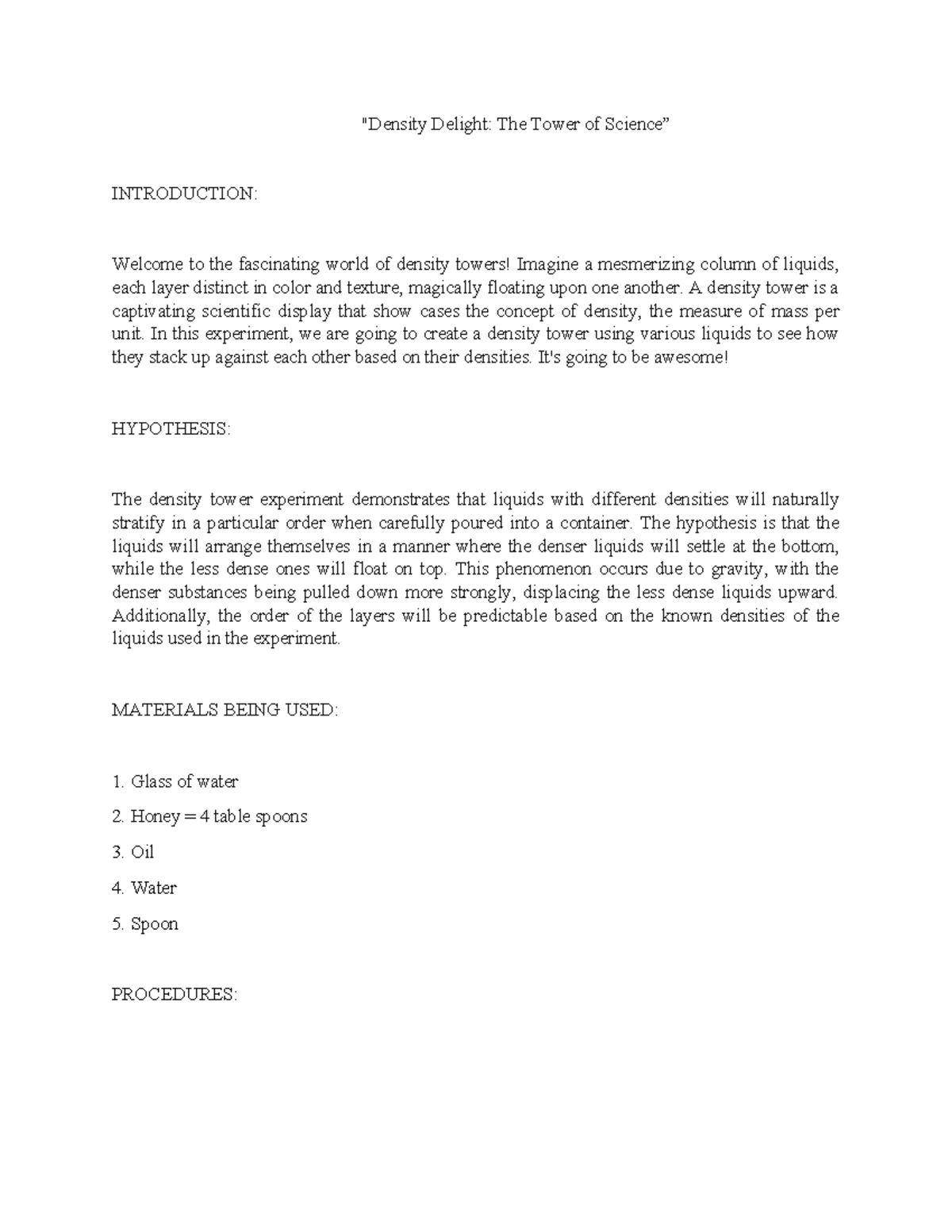 Density Tower Experiment: Understanding Liquid Stratification - Studocu