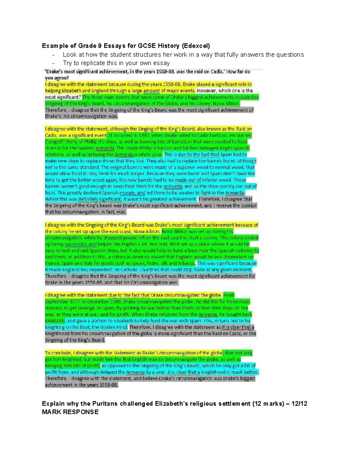 Grade 9 GCSE History Essays: Analyzing Puritan Challenges and Early ...