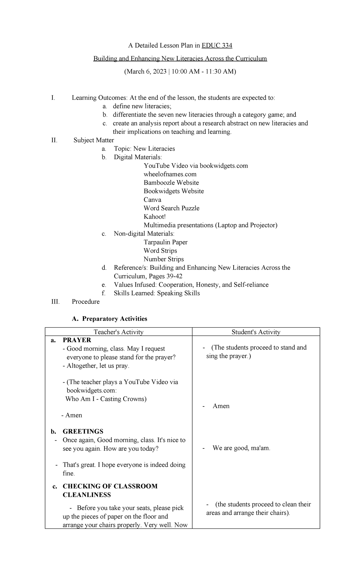 A Comprehensive Lesson Plan for EDUC 334: New Literacies in Teaching - Studocu
