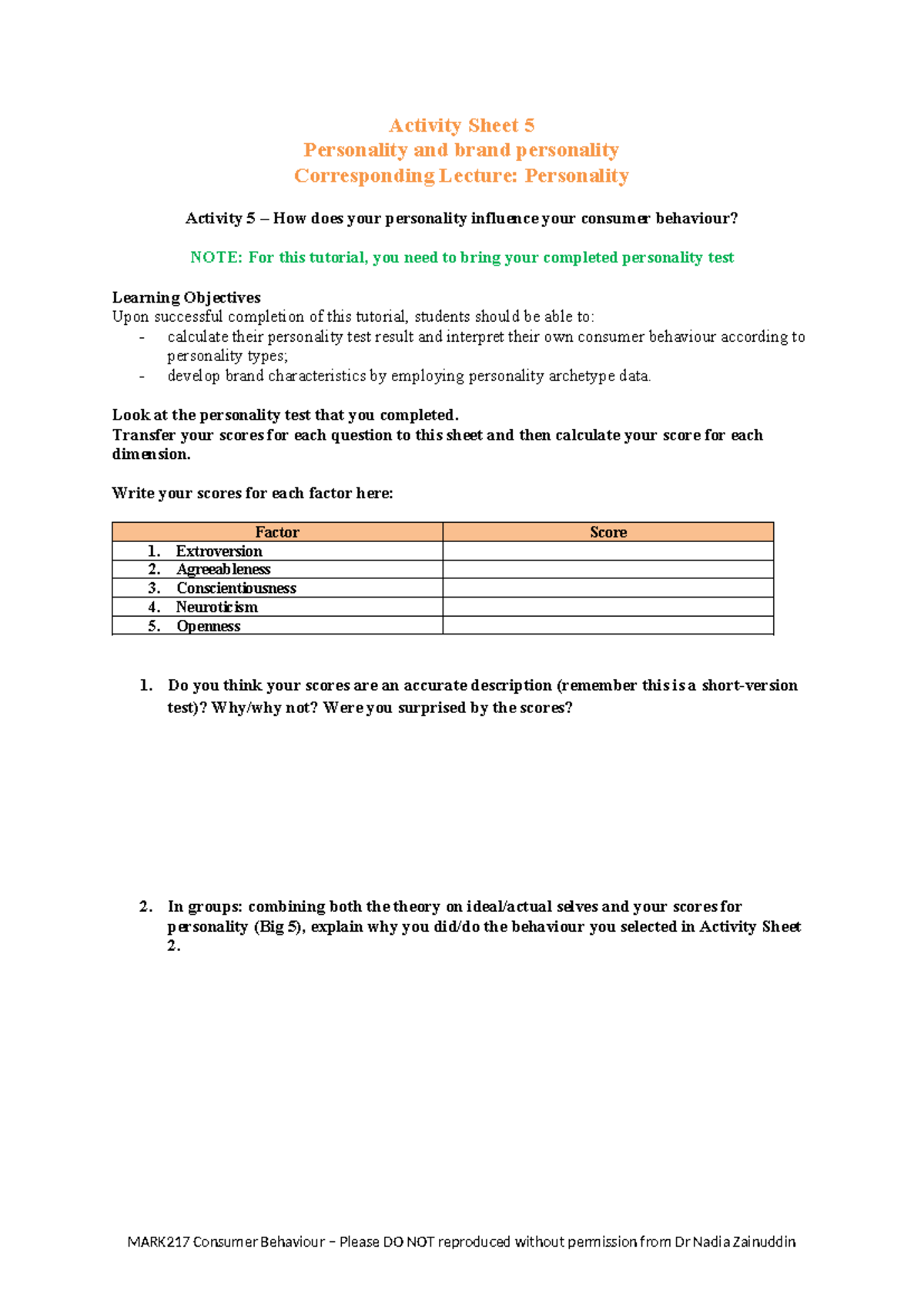 Activity Sheet 5: Personality & Consumer Behavior - MARK217 - Studocu