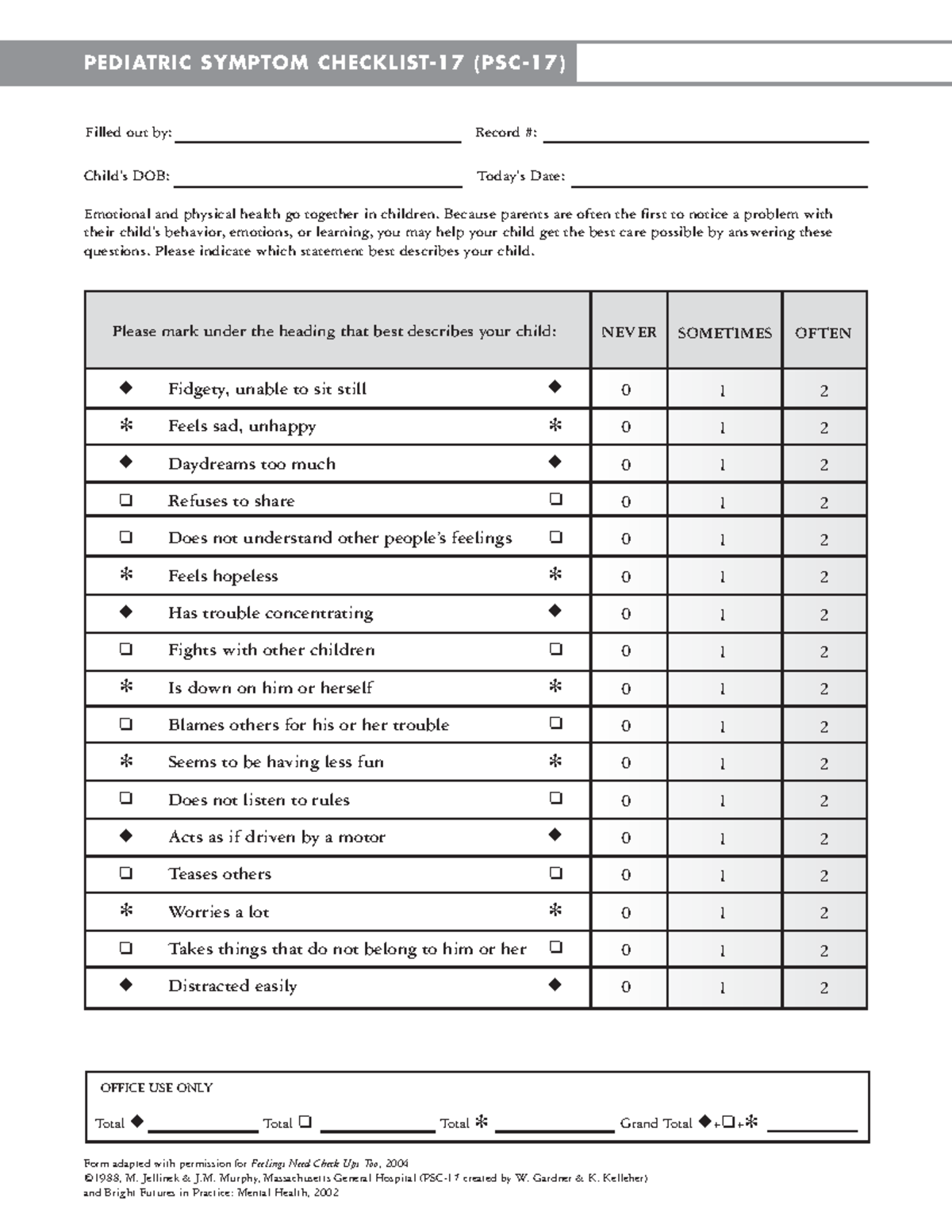 PSC symbols - SCALE - PEDIATRIC SYMPTOM CHECKLIST-17 (PSC-17) Child’s ...