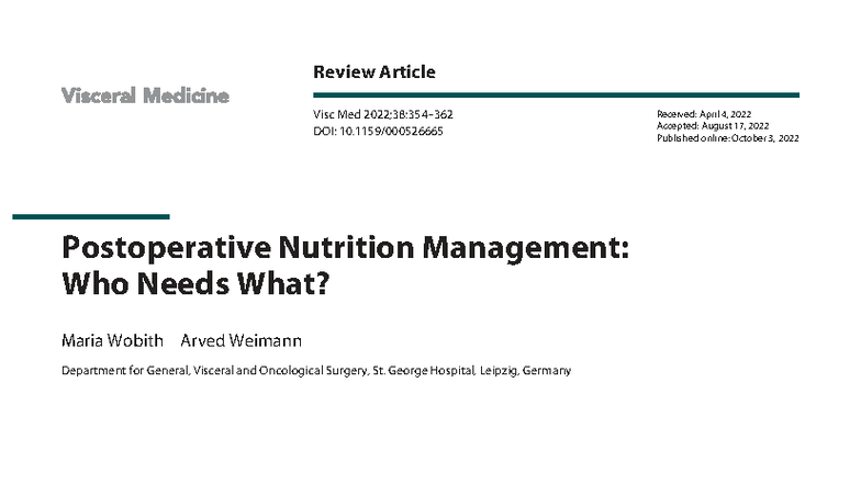 Postoperative Nutrition Management: Who Needs What? Visc Med 2022 - Studocu