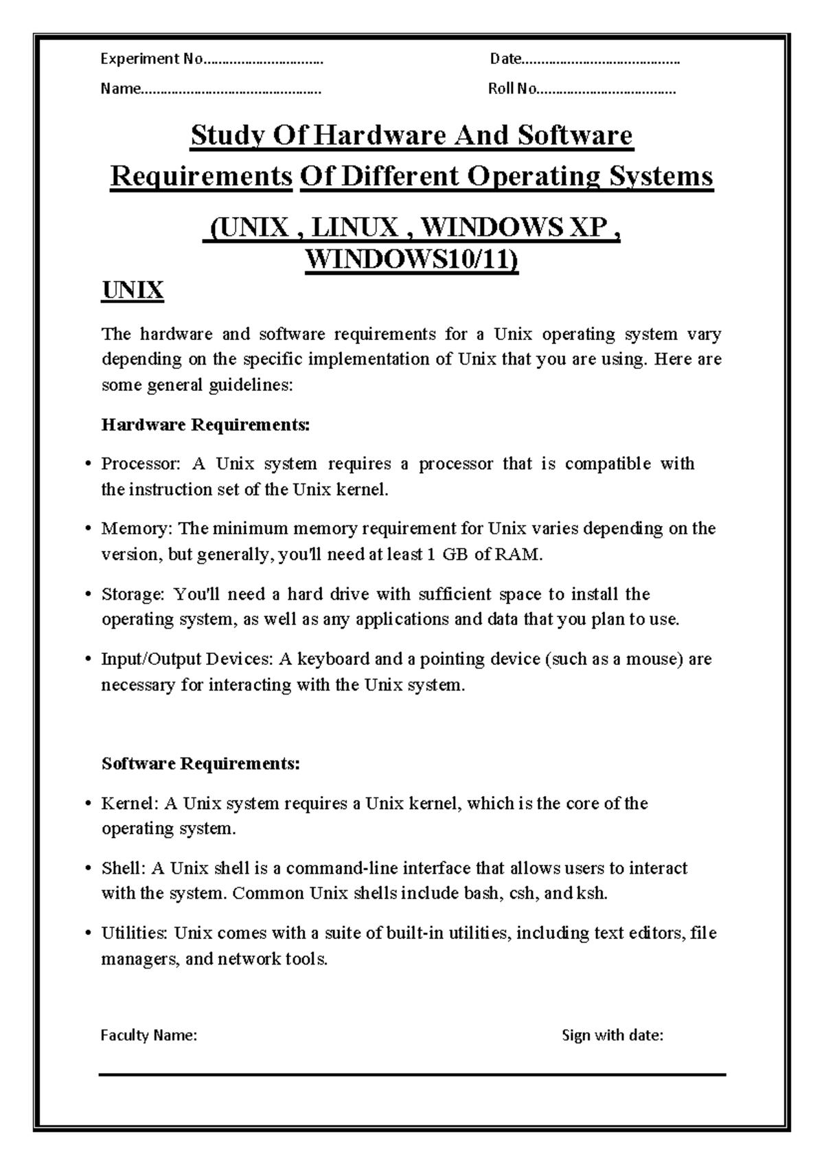 Experiment Roll Study of OS Requirements: UNIX, LINUX, WINDOWS XP - Studocu
