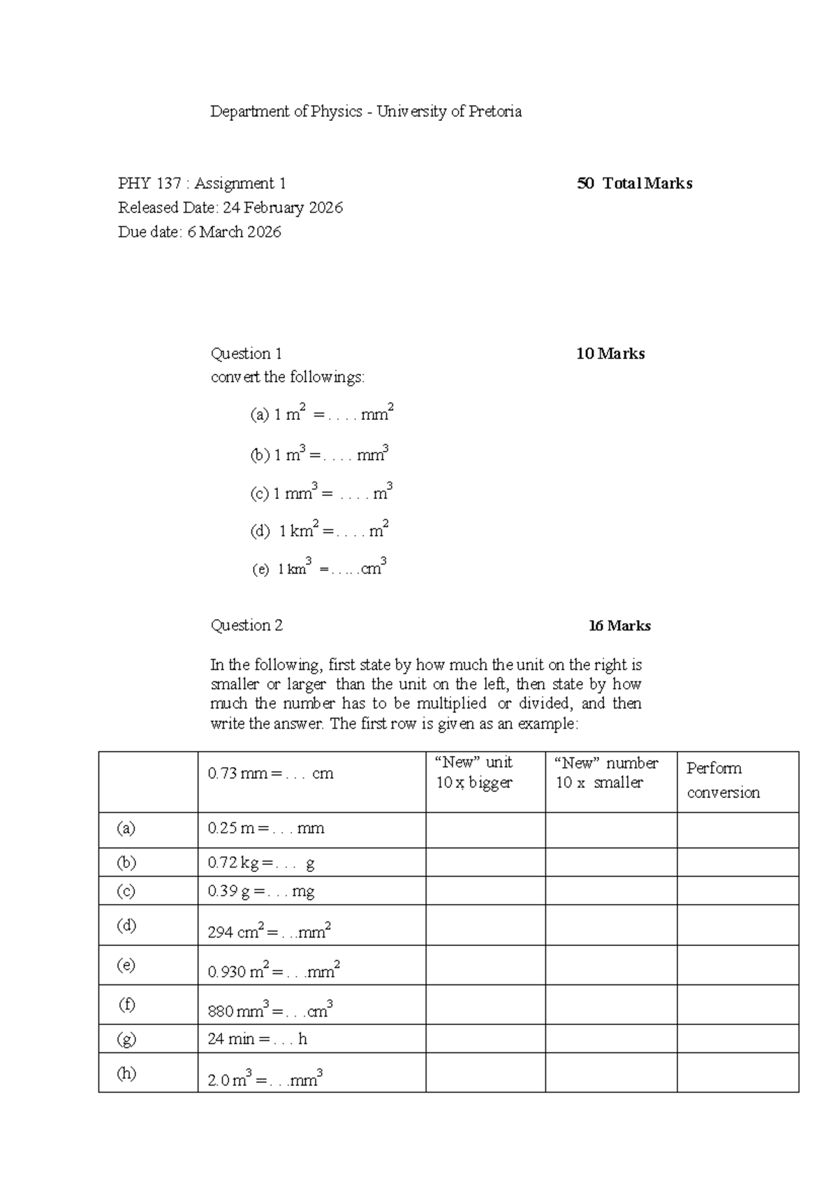 PHY 137: Assignment 1 - Unit Conversions and Measurements - Studocu