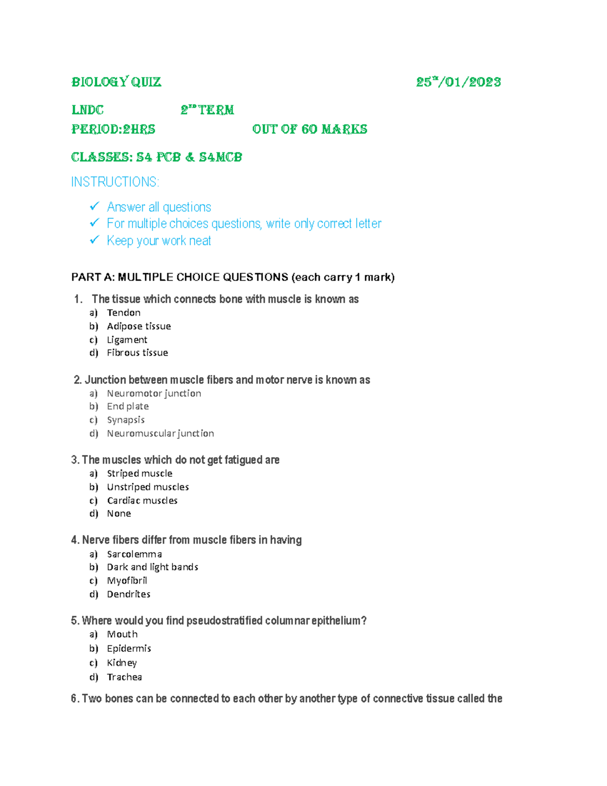 Biology Quiz Notes for S4MCB & S4PCB – 25 Questions & Answers - Studocu