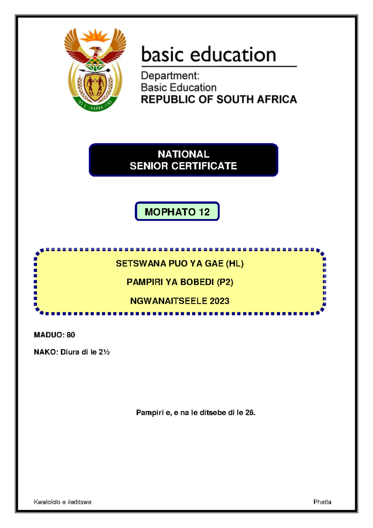 Setswana HL P2: National Senior Certificate Exam Paper 2023 - Studocu