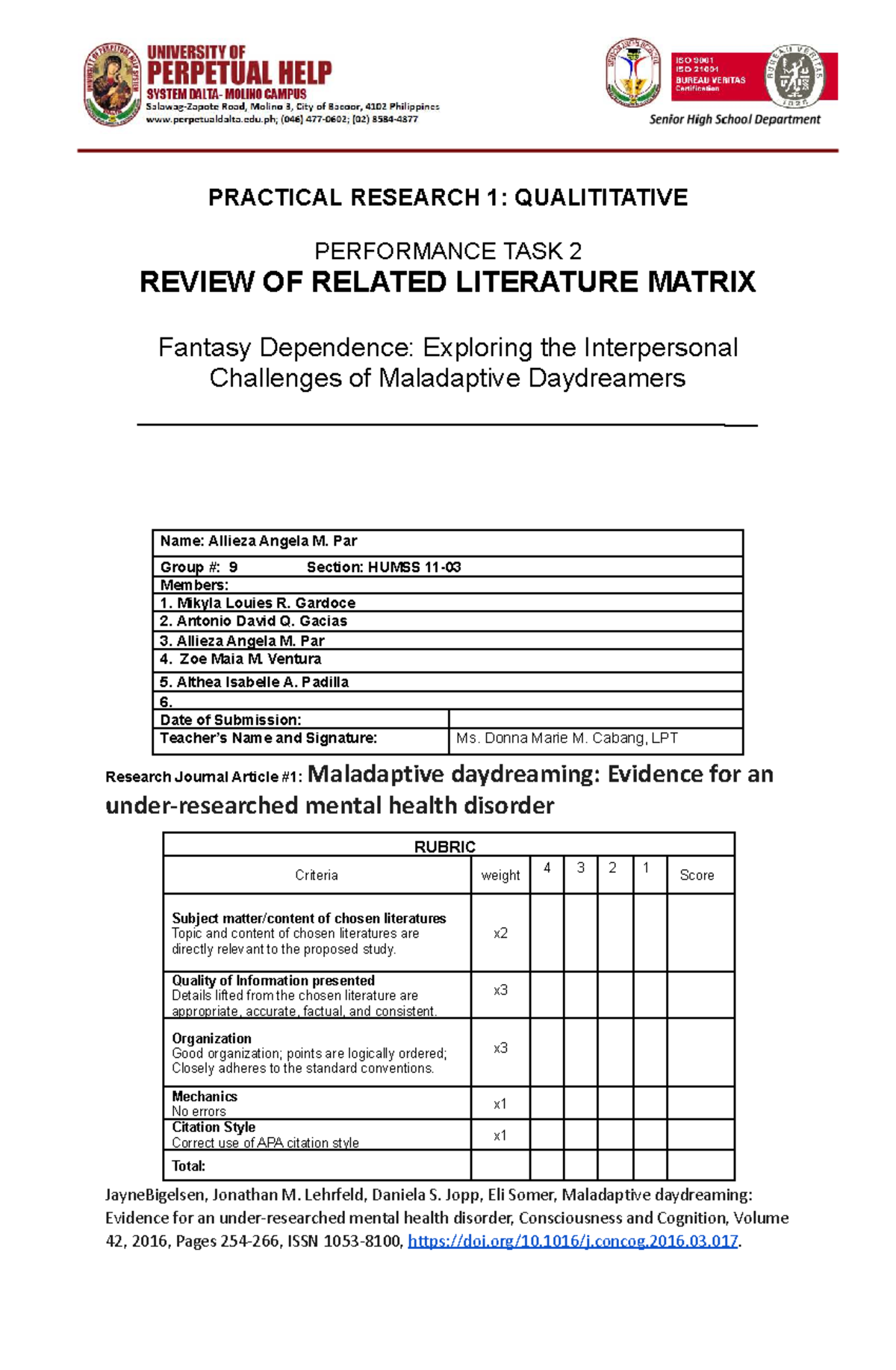 PRACTICAL RESEARCH 1: QUALITATIVE PERFORMANCE TASK 2 RRL MATRIX on ...