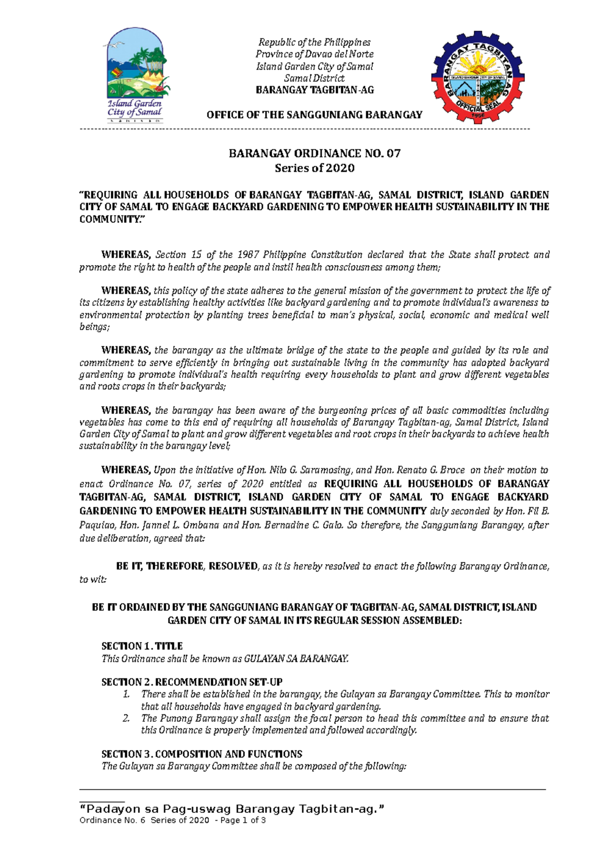 Barangay Ordinance No. 07: Promoting Backyard Gardening for Health ...