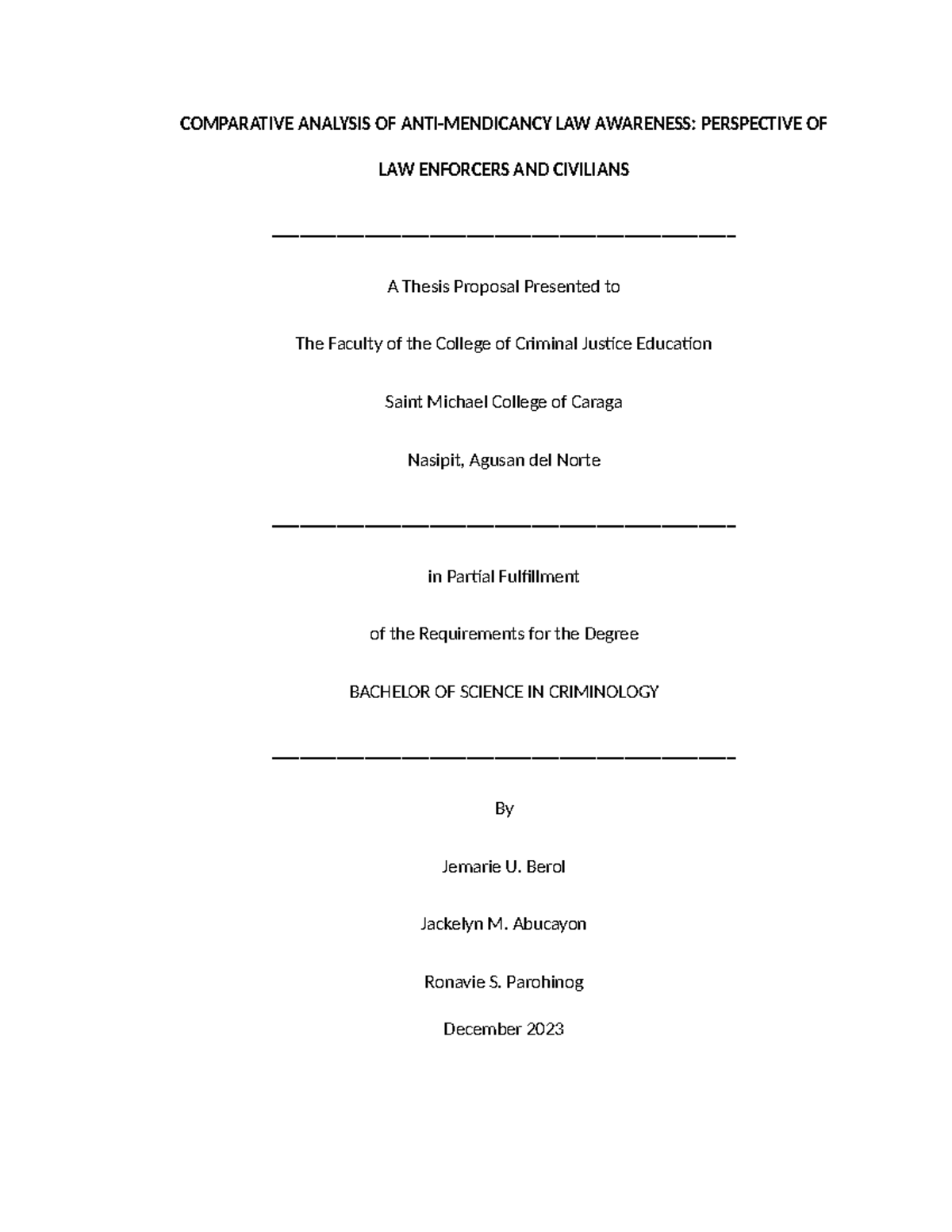 Comparative Analysis of Anti-Mendicancy Law Awareness (CJ 101) - Studocu