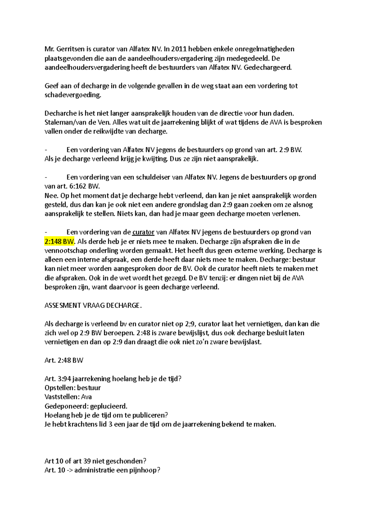 Ondernemingsrecht Les: Decharge en Aansprakelijkheid - Casus Analyse - Studeersnel