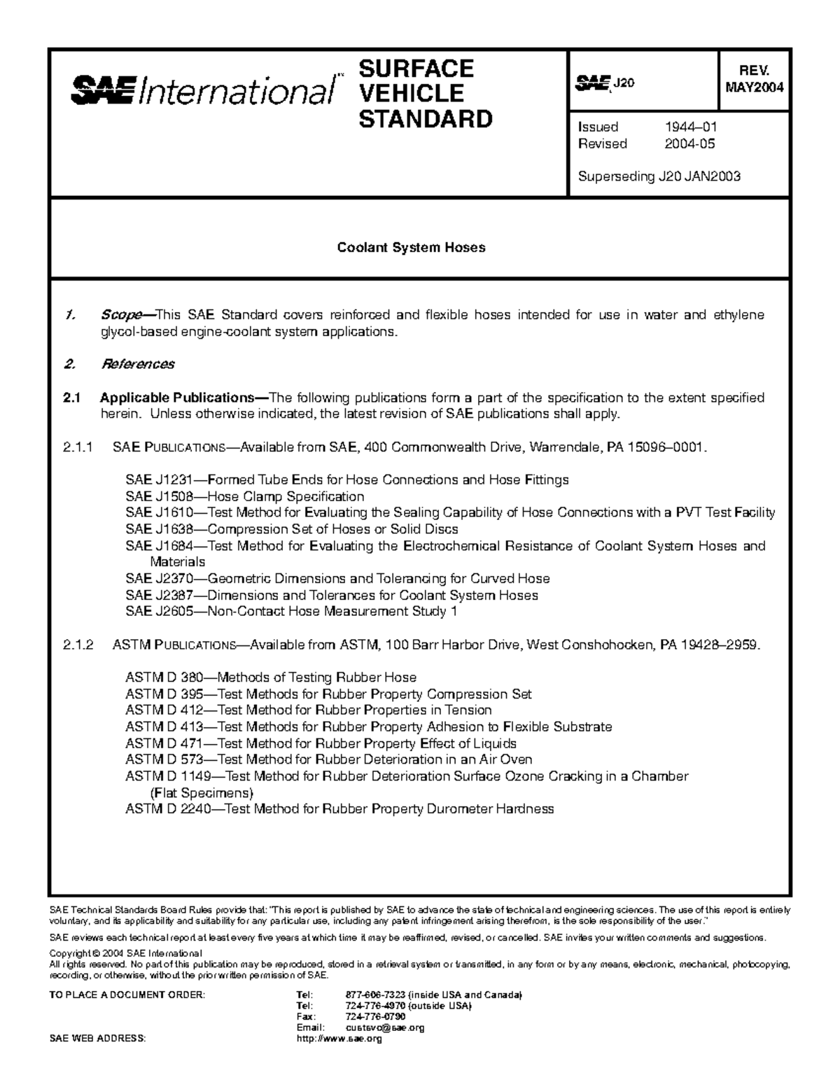 SAE J20 Specification Guide for Coolant System Hoses (Revised May 2004 ...