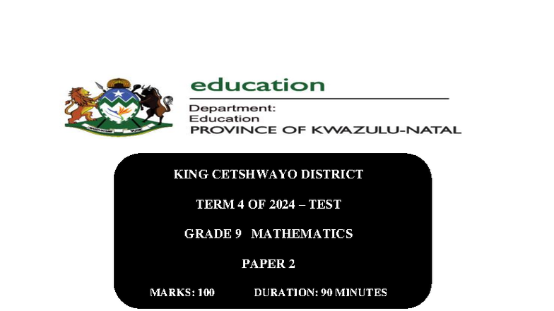 2024 G9 KZN Term 4 Test P2 Memo - Mathematics - Studocu