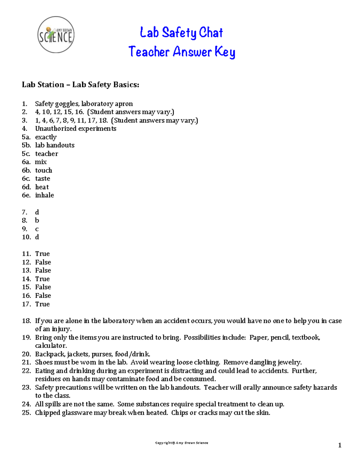 Lab Safety Basics: Teacher Answer Key for Science 1 - Studocu