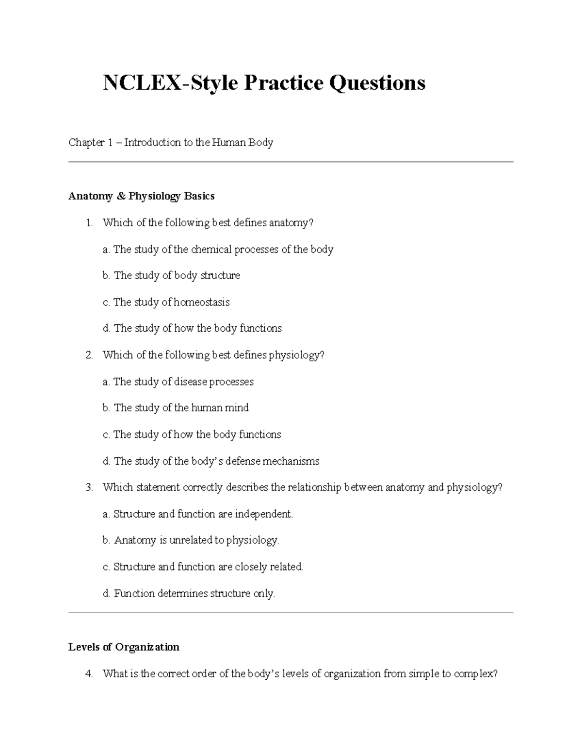 NCLEX Chapter 1 - Anatomy & Physiology Practice Questions - Studocu