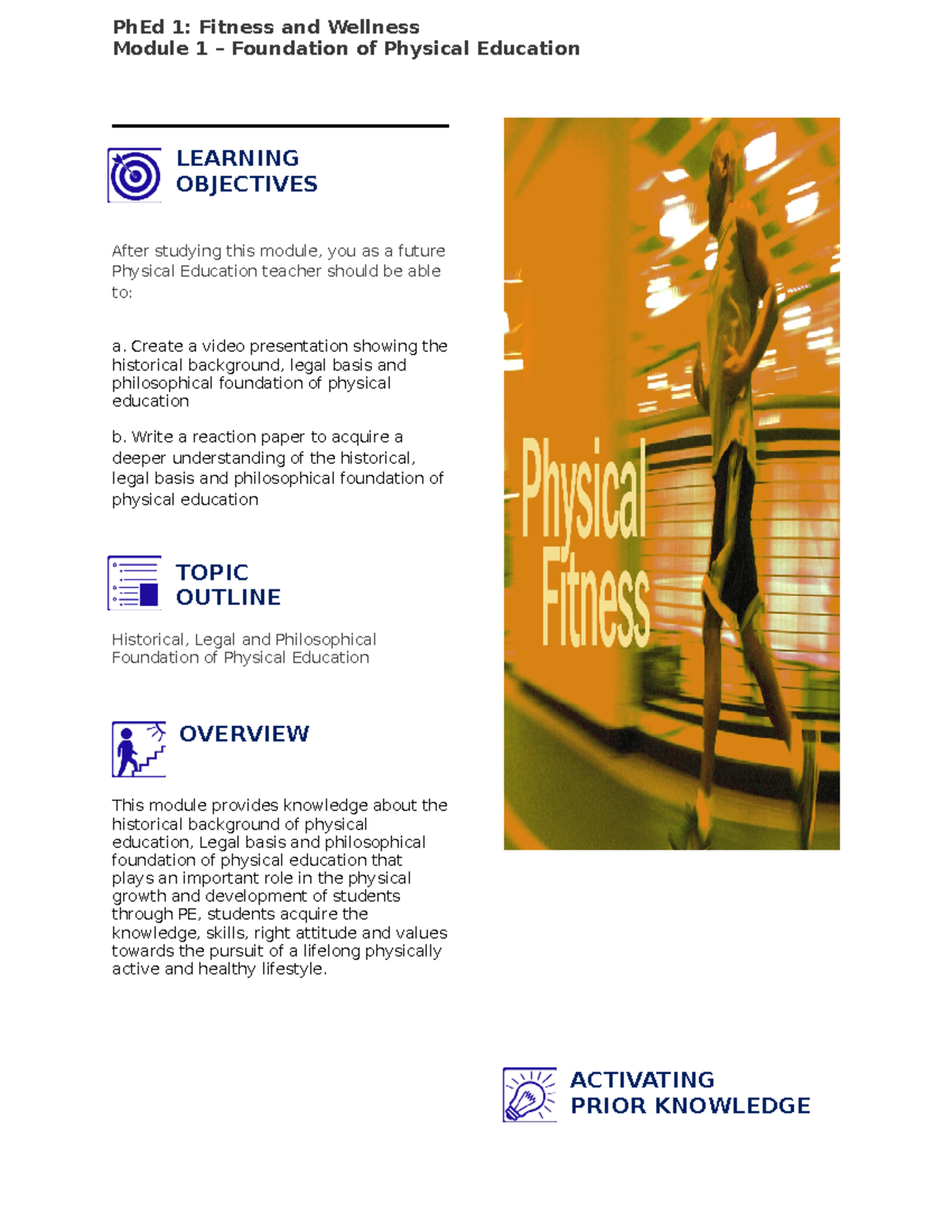 Module 1 – Foundation of Physical Education - LEARNING OBJECTIVES After ...