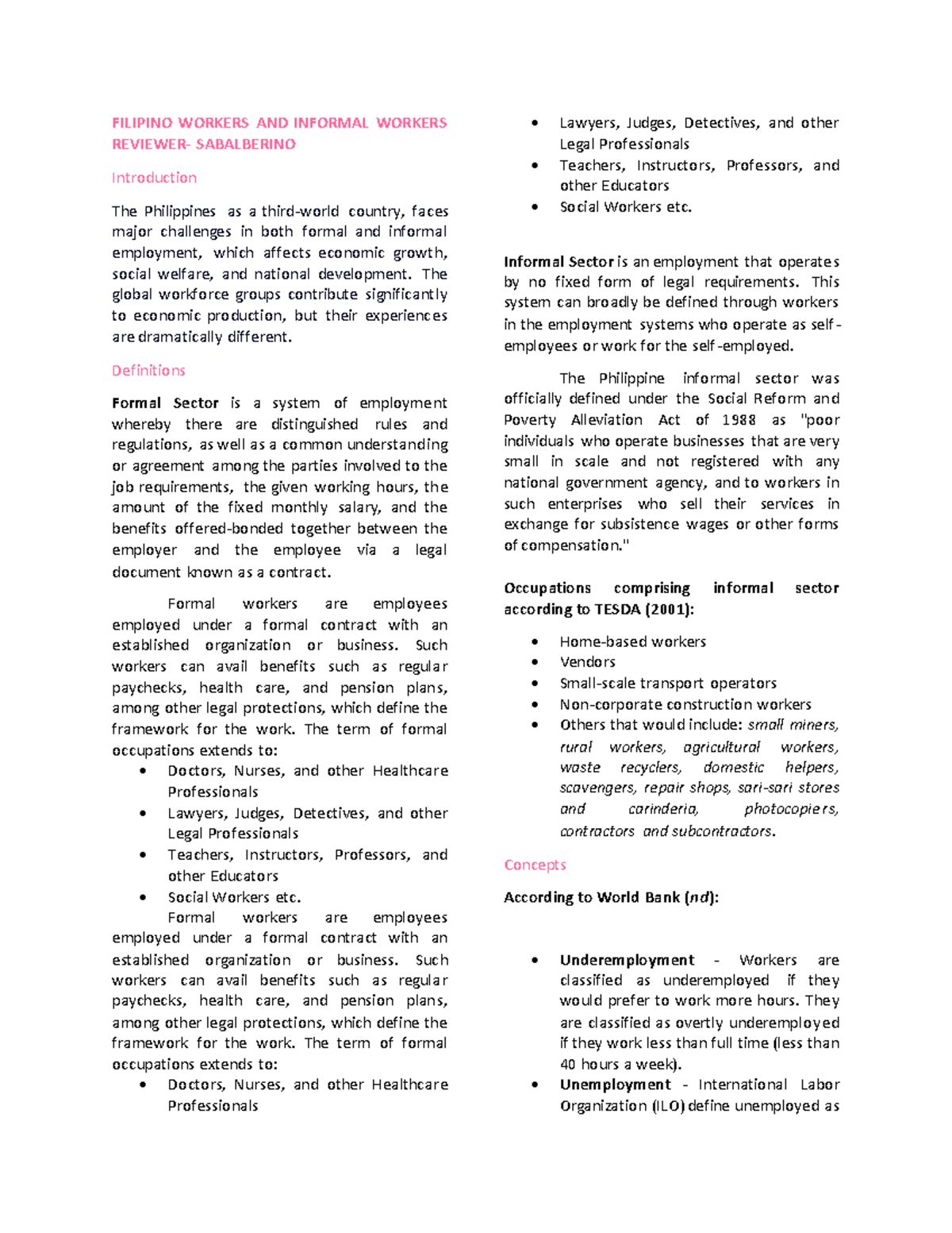 FILIPINO WORKERS AND INFORMAL WORKERS: A Comprehensive Review - Studocu