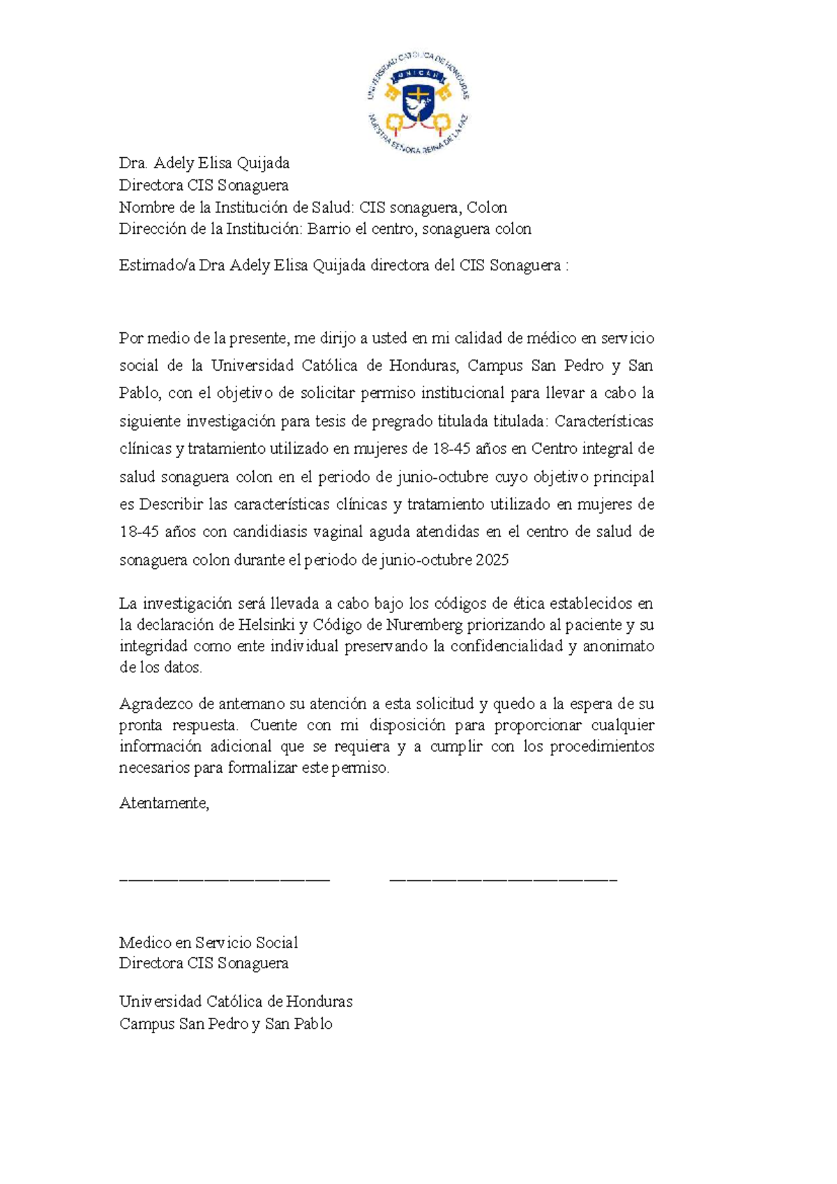 Permiso Institucional para Investigación de Tesis en CIS Sonaguera ...