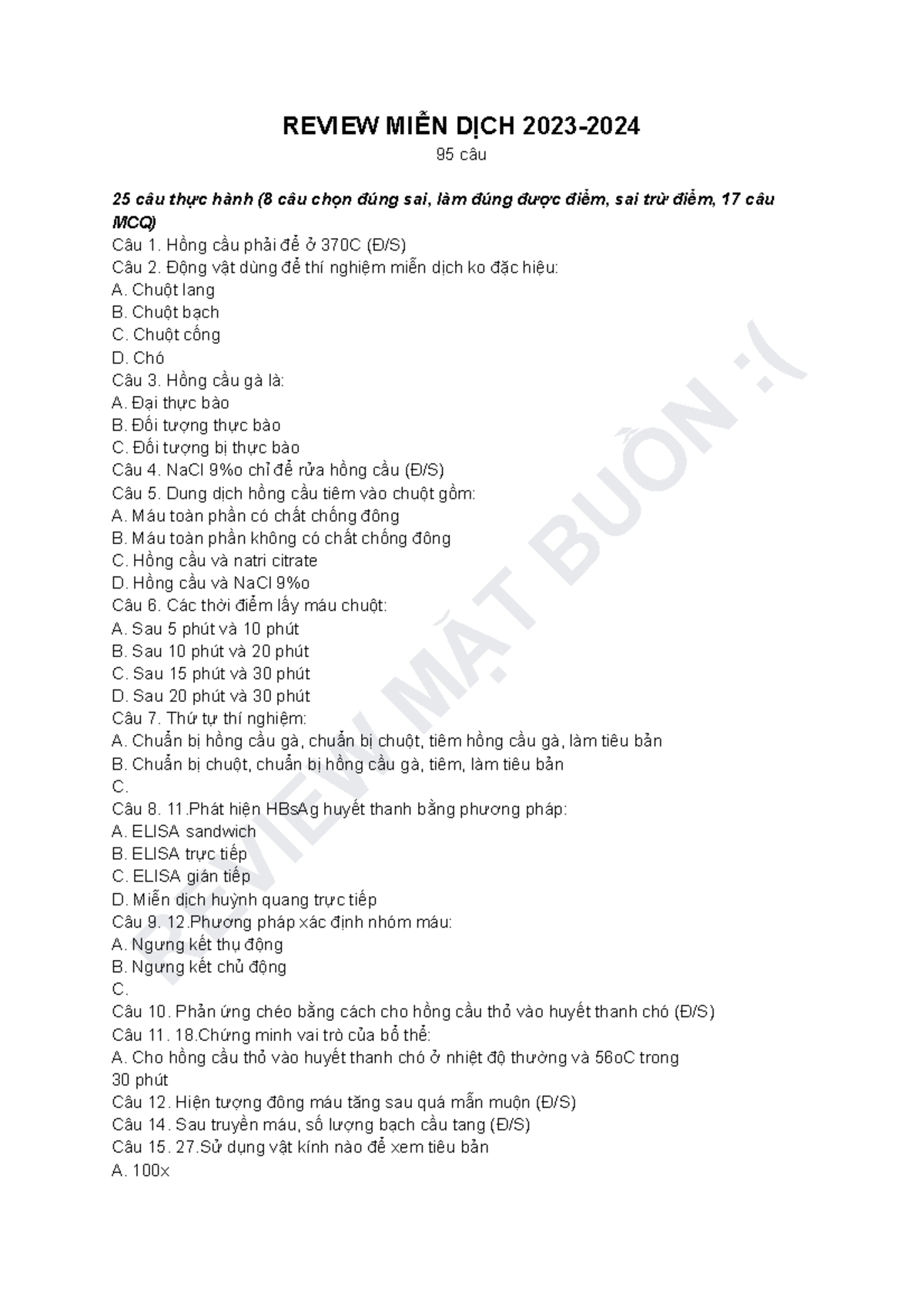 REVIEW MIỄN DỊCH 2023-2024: 95 Câu Hỏi Thực Hành và Lý Thuyết - Studocu