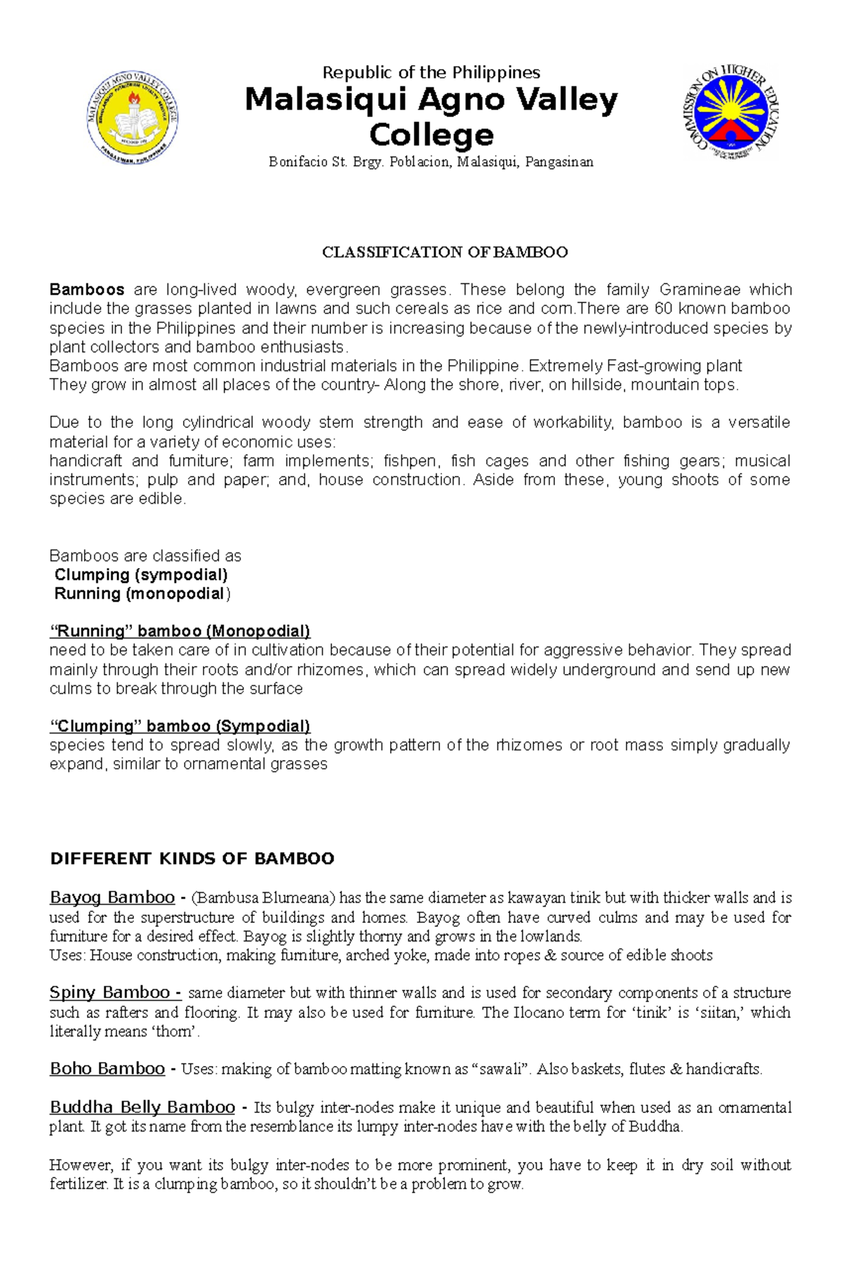 Classification of Bamboo Species: Overview and Uses - Studocu