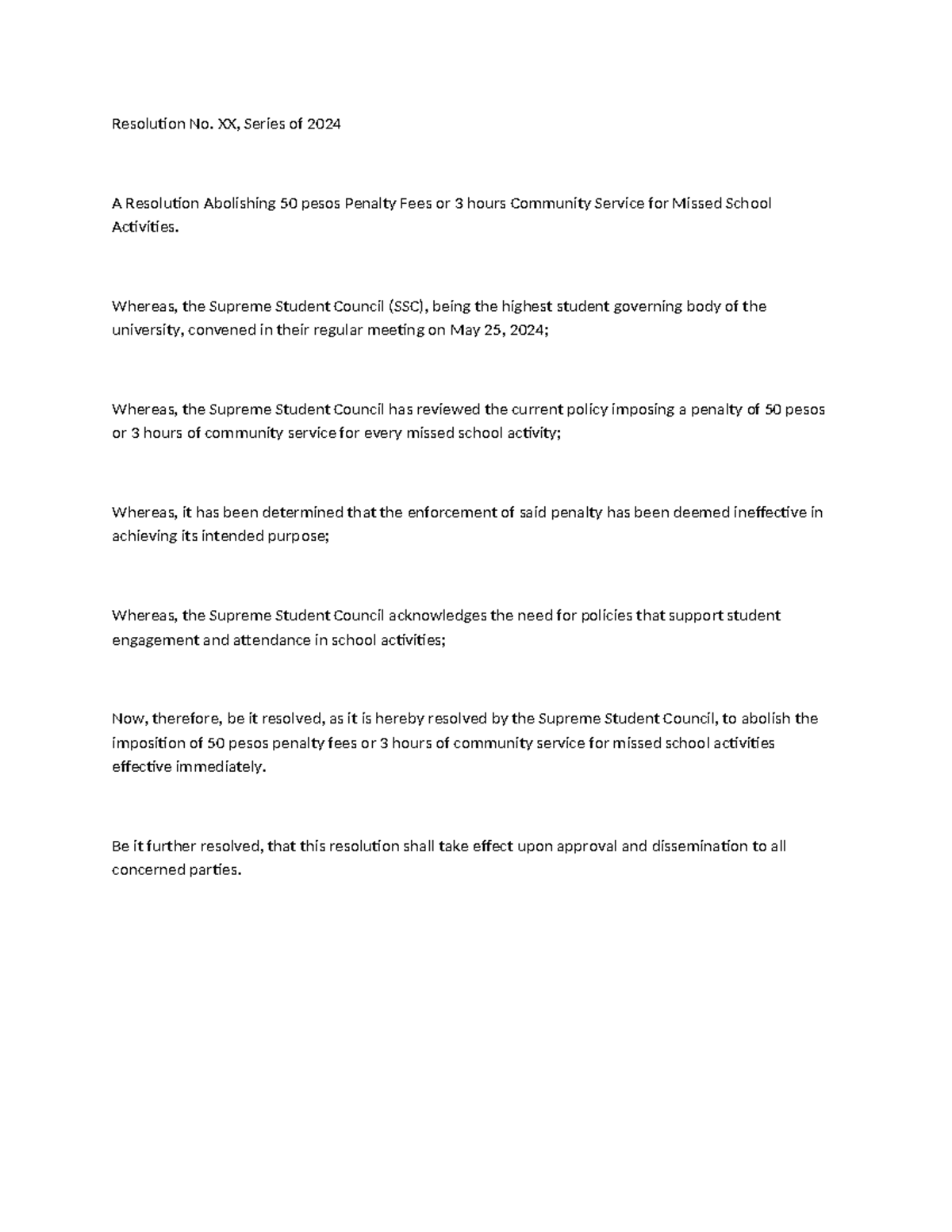 Resolution No. XX, 2024: Abolishing Penalty Fees for Missed Activities ...