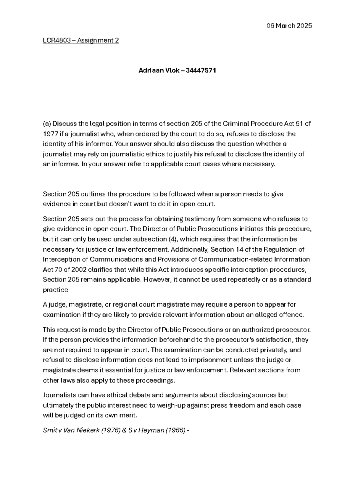 LCR4803 Assignment 2: Legal Analysis of Journalistic Ethics & Section ...