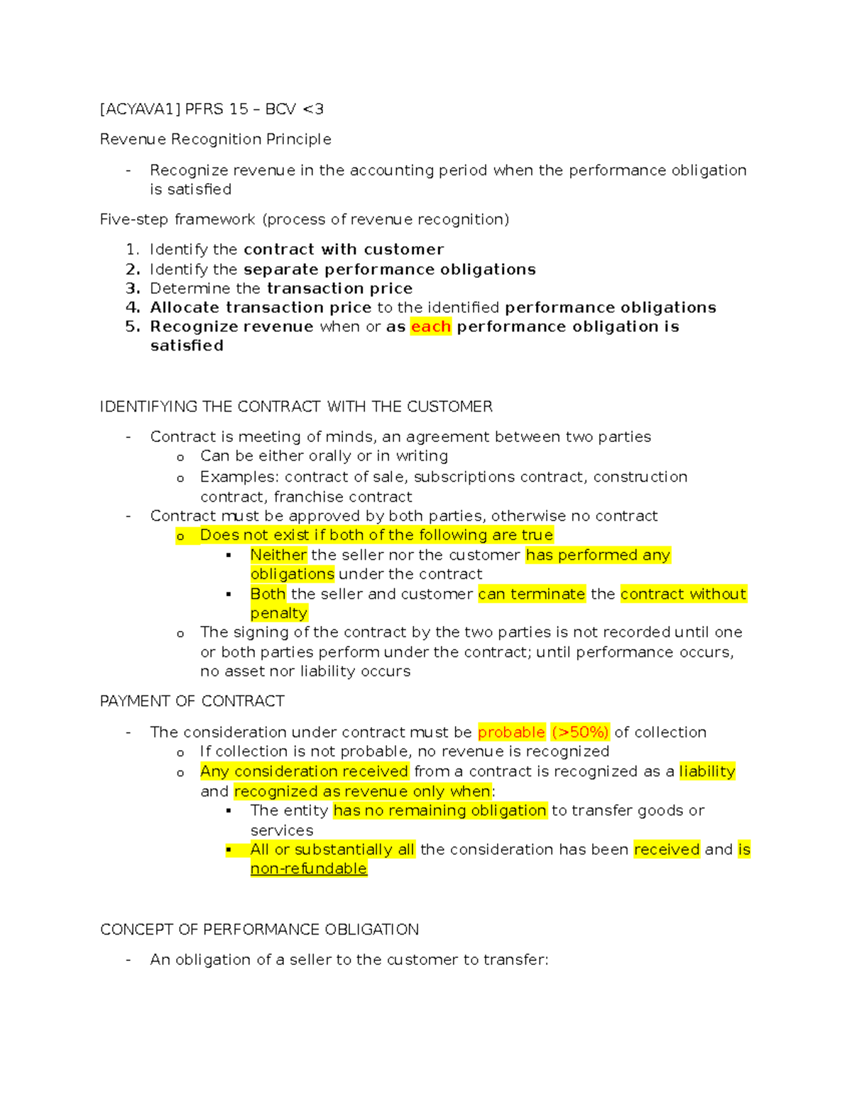 PFRS 15 BCV Revenue Recognition Principles and Performance Obligations ...